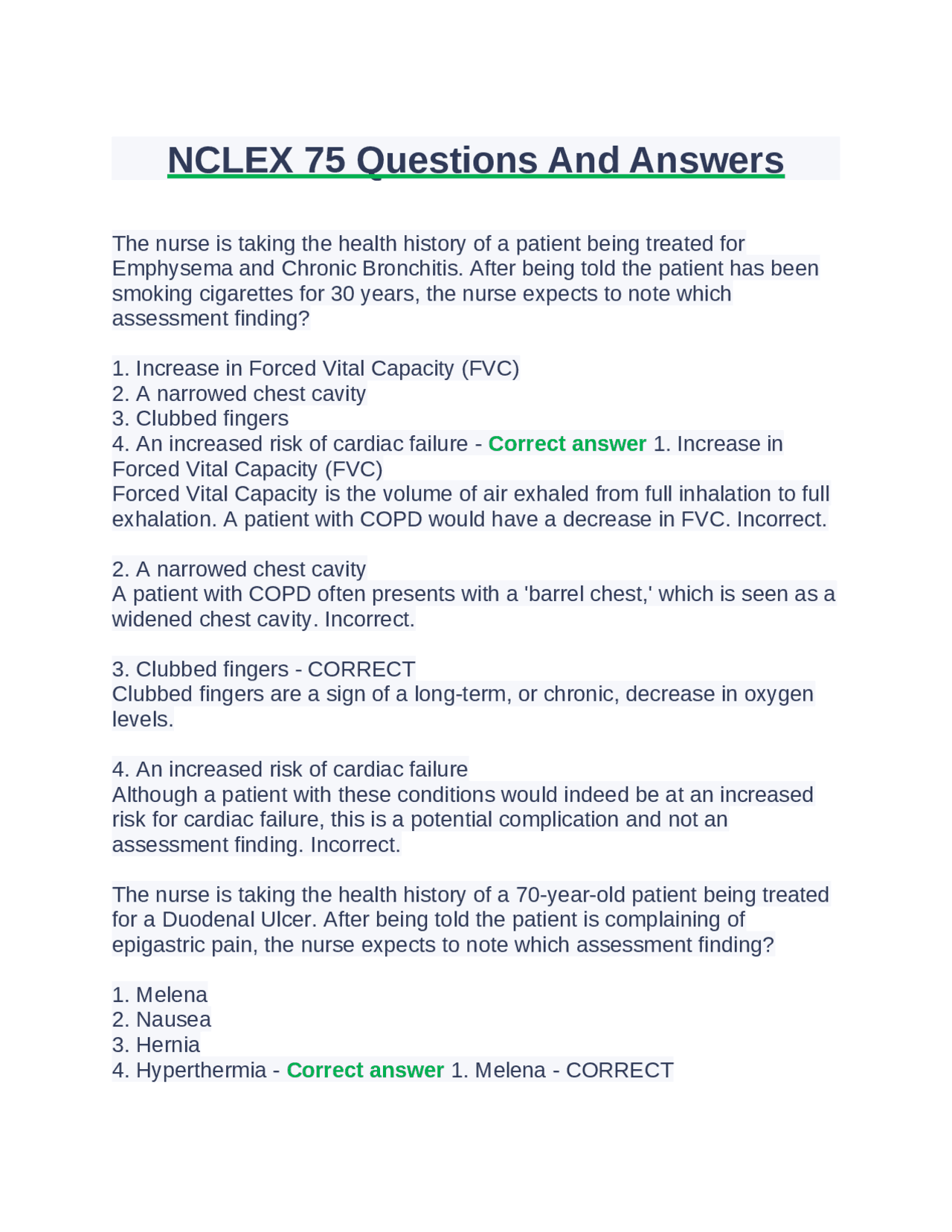 NCLEX 75 Questions And Answers | Exams Nursing | Docsity