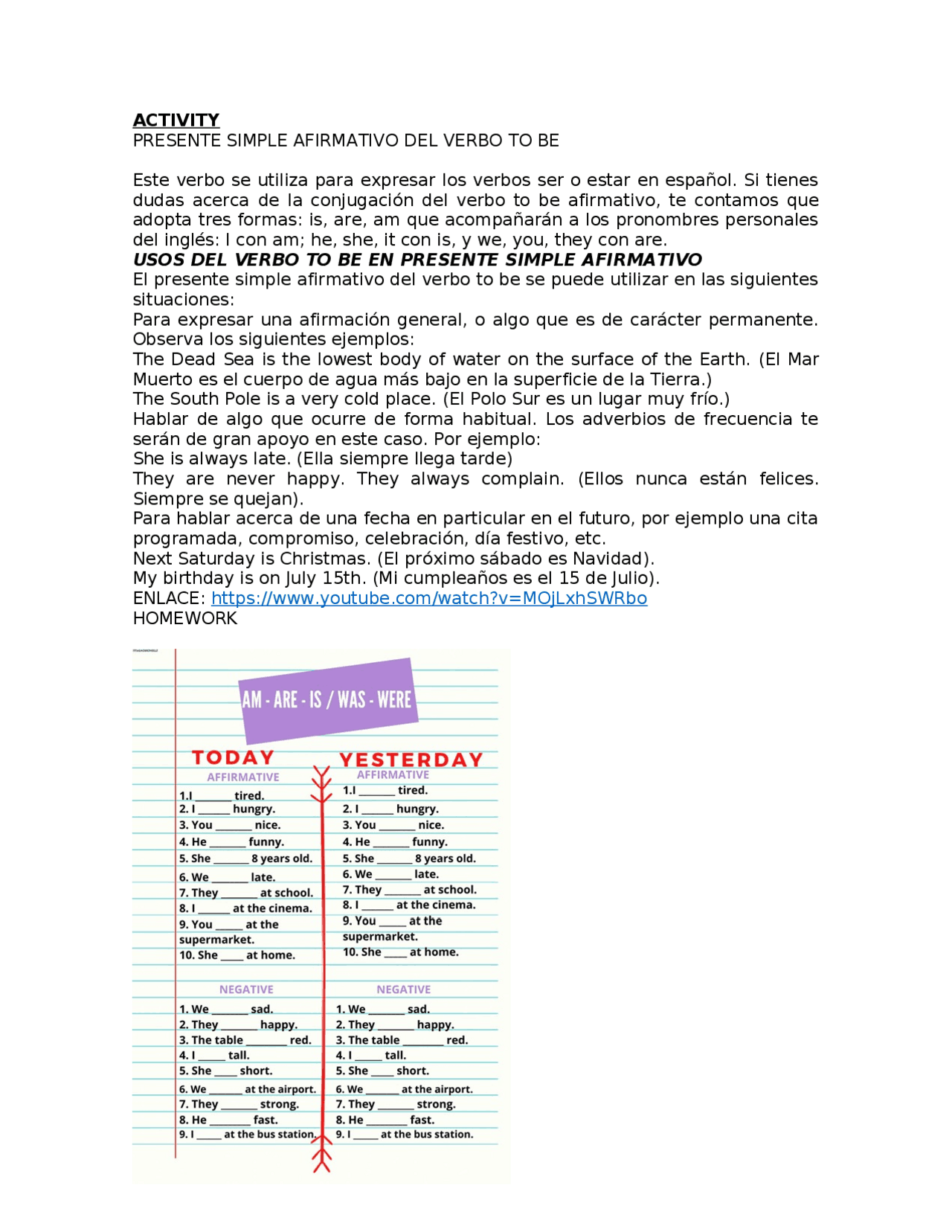 PRESENTE SIMPLE AFIRMATIVO DEL VERBO TO BE | Apuntes de Inglés | Docsity