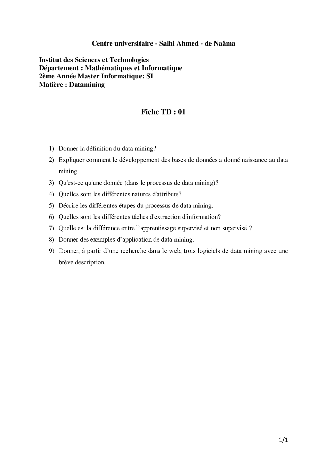 Exercice de data mining | Exercises Data Mining | Docsity