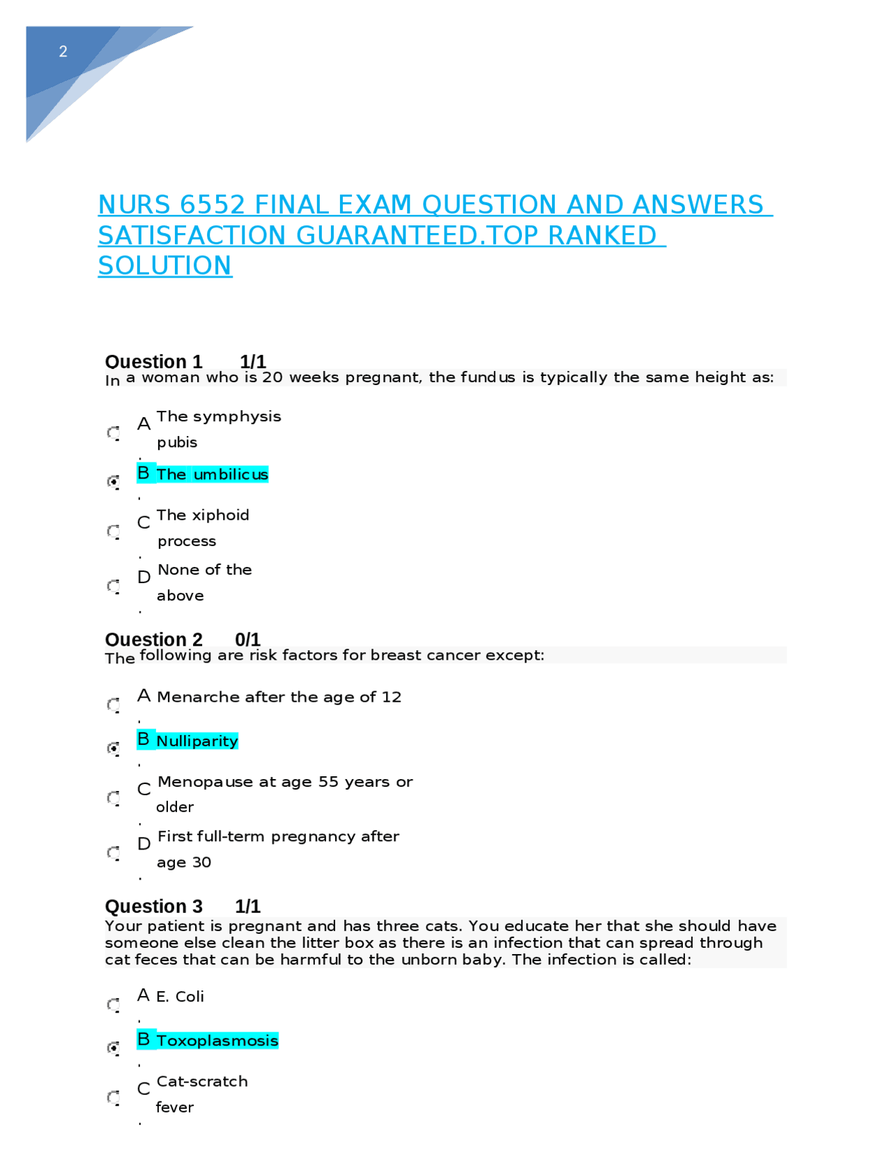 NURS 6552 Final Exam Questions and Answers | Exams Nursing | Docsity
