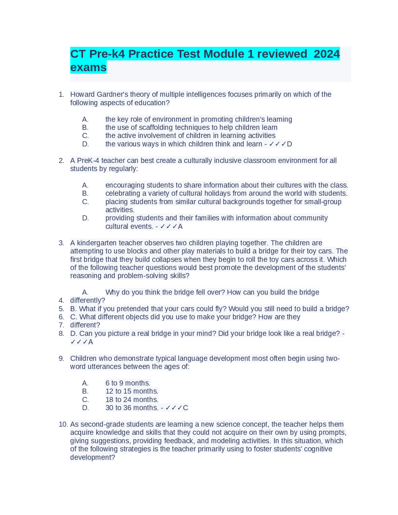 CT Pre-k4 Practice Test Module 1 | Exams Advanced Education | Docsity