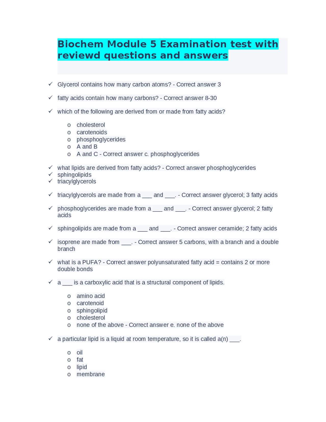 Biochem Module 5 Examination Test | Exams Biochemistry | Docsity