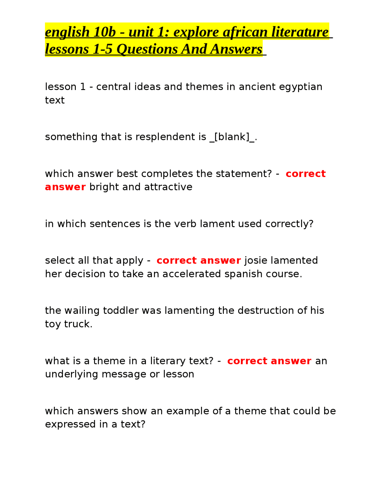 english 10b - unit 1: explore african literature lessons 1-5 Questions ...