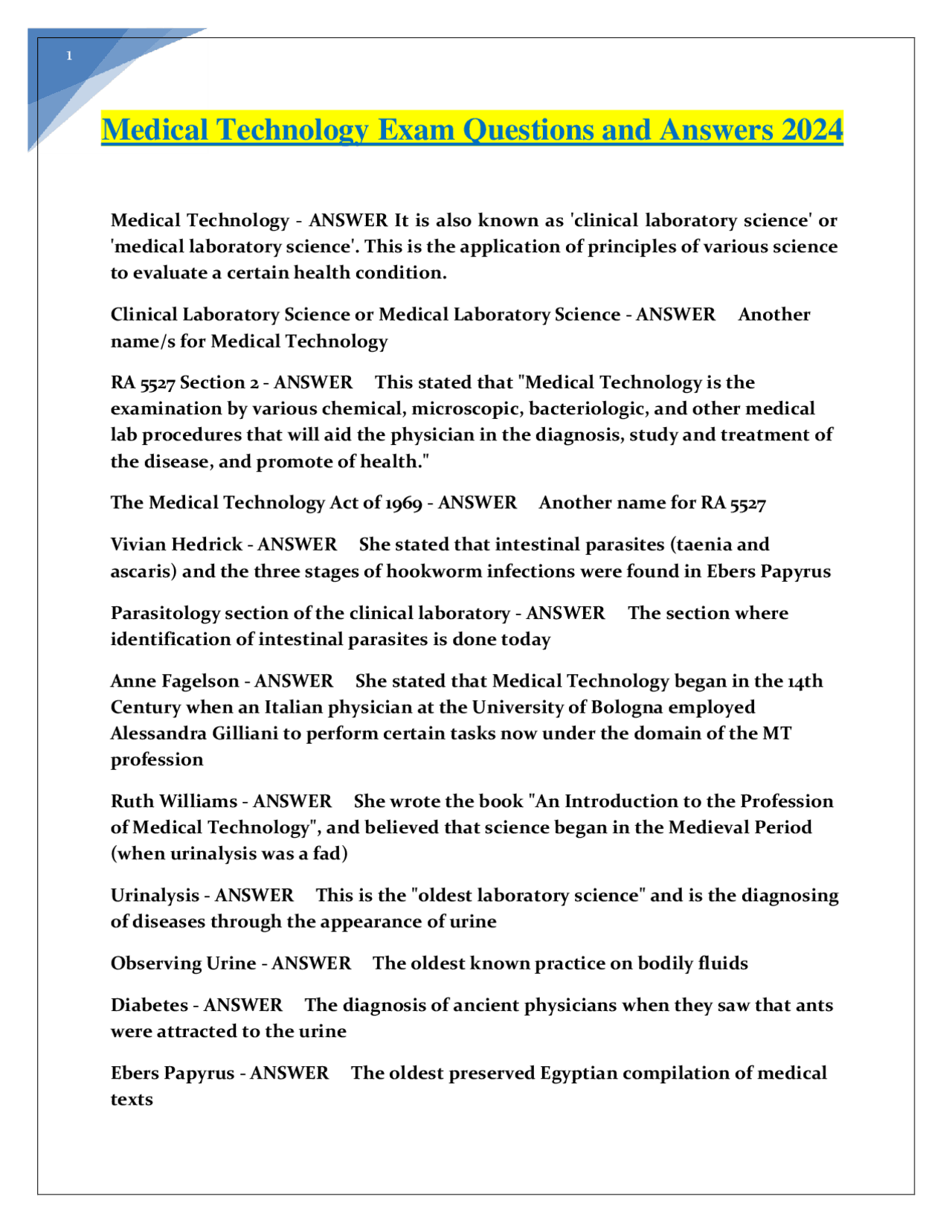 Medical Technology Exam Questions and Answers 2024 | Exams Nursing ...