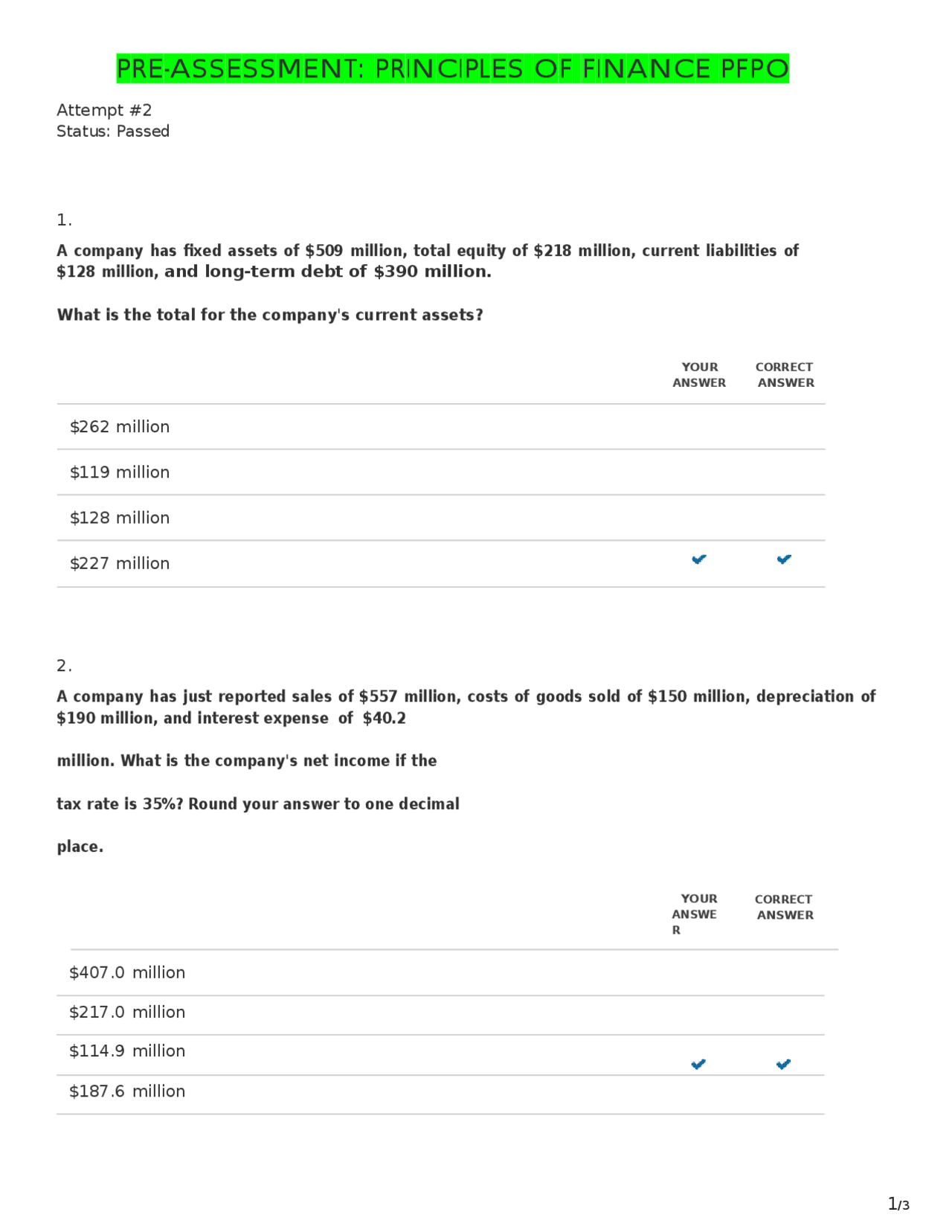 Pre-assessment: Principles of Finance PFPO Attempt #2 | Exams ...