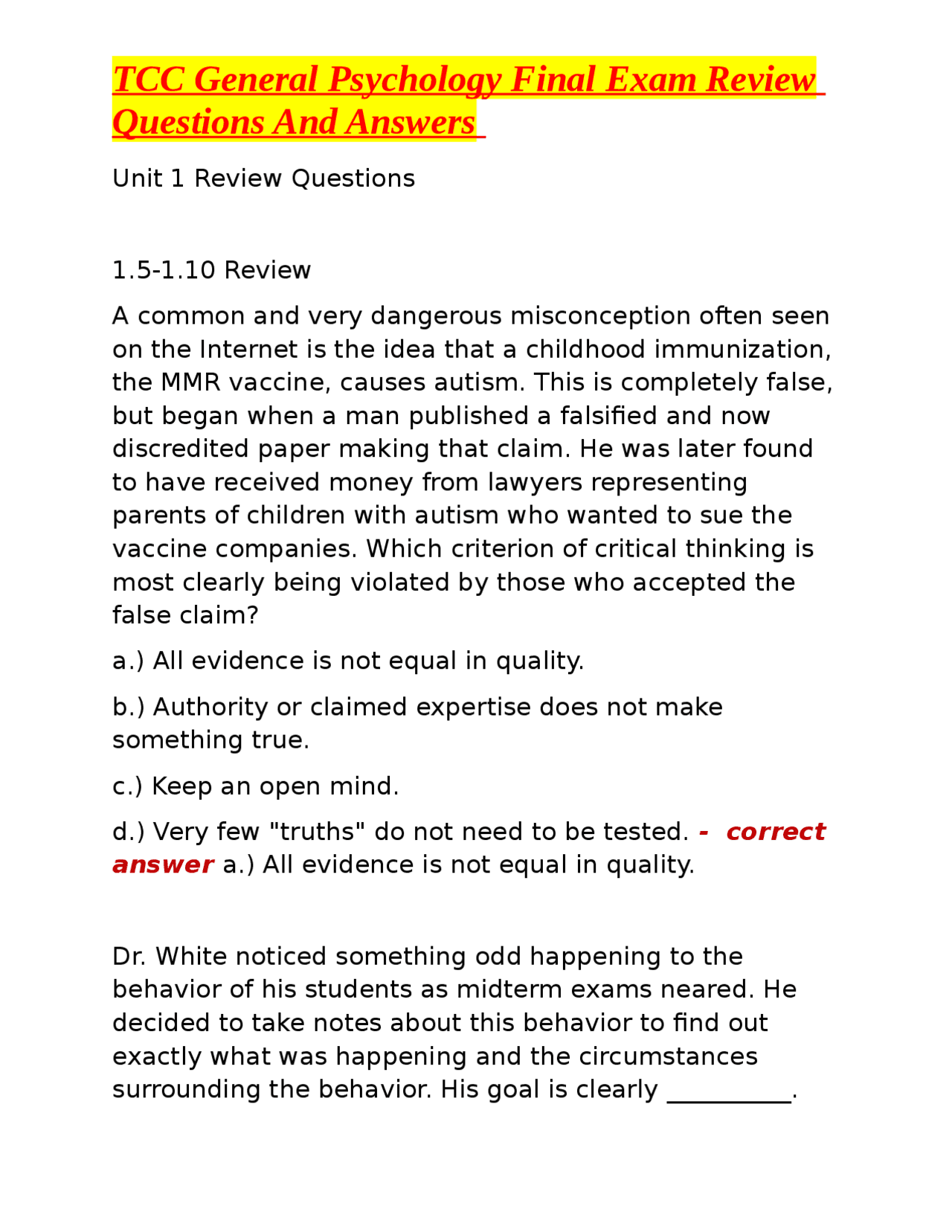 TCC General Psychology Final Exam Review Questions And Answers | Exams ...