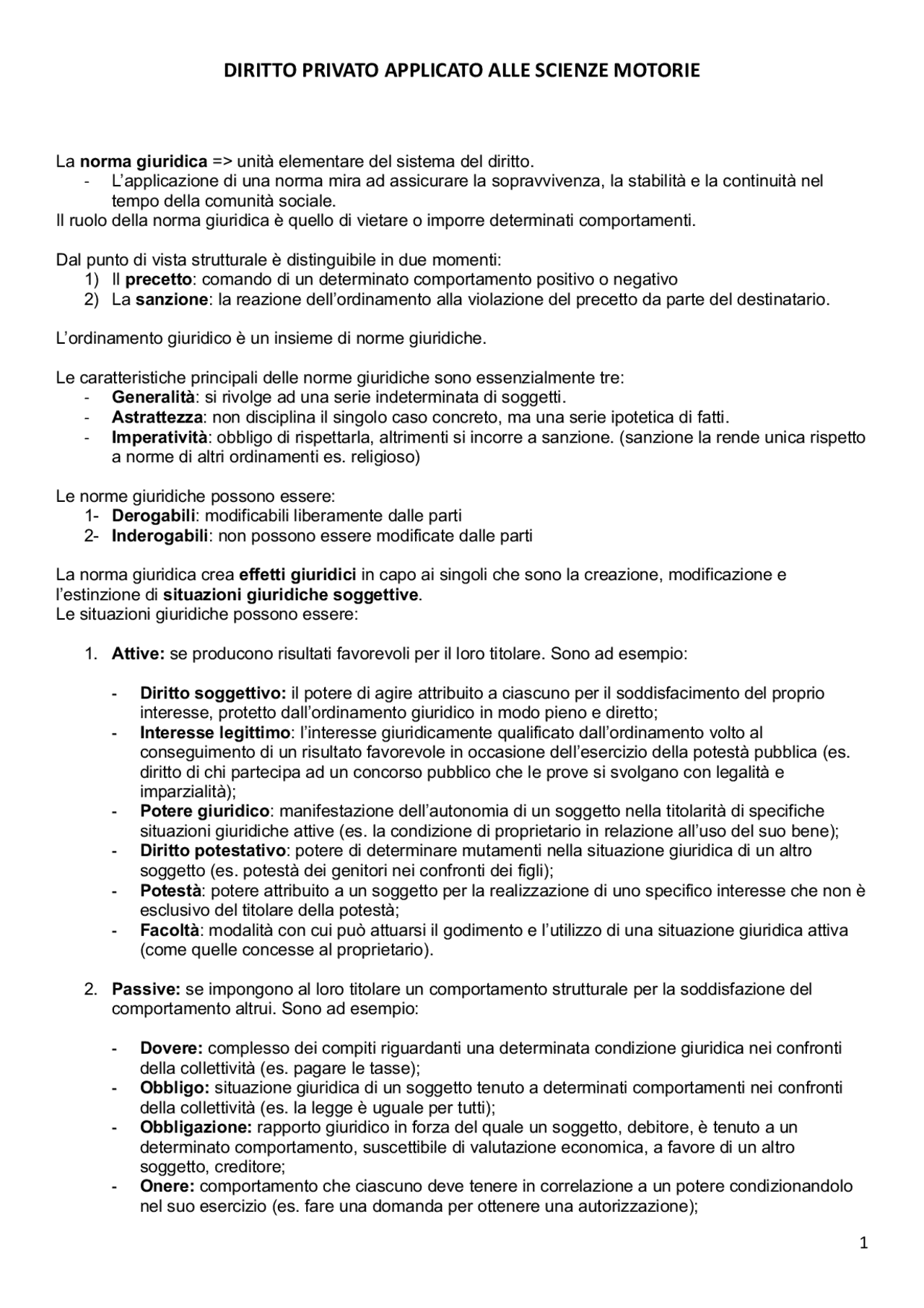 Diritto privato applicato alle scienze motorie | Dispense di Diritto Privato | Docsity