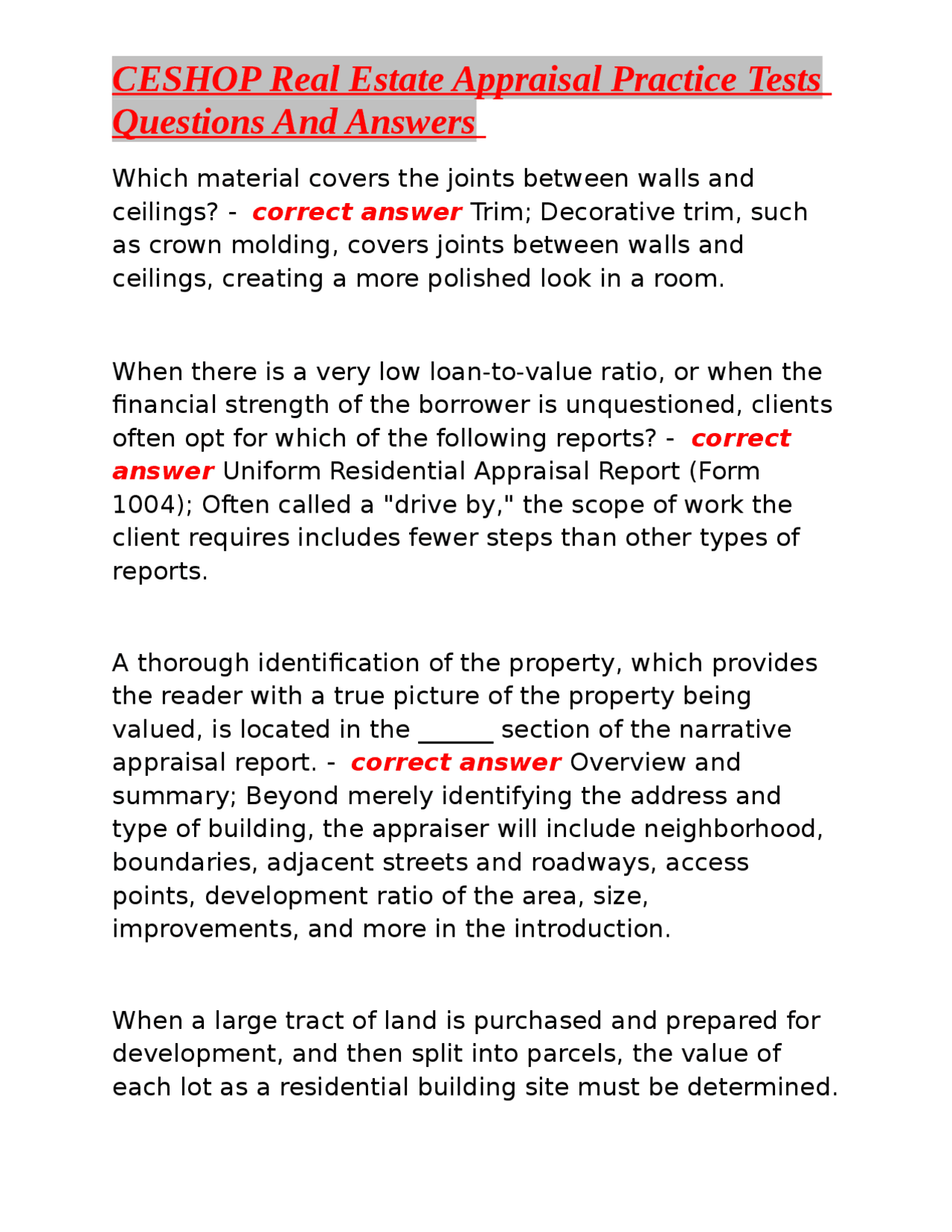 CESHOP Real Estate Appraisal Practice Tests Questions And Answers ...