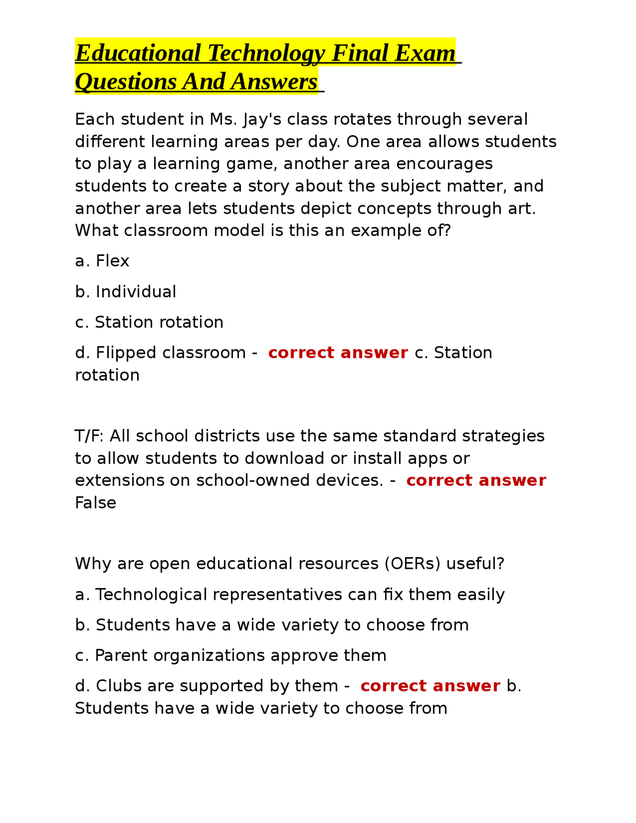 Educational Technology Final Exam Questions And Answers | Exams ...