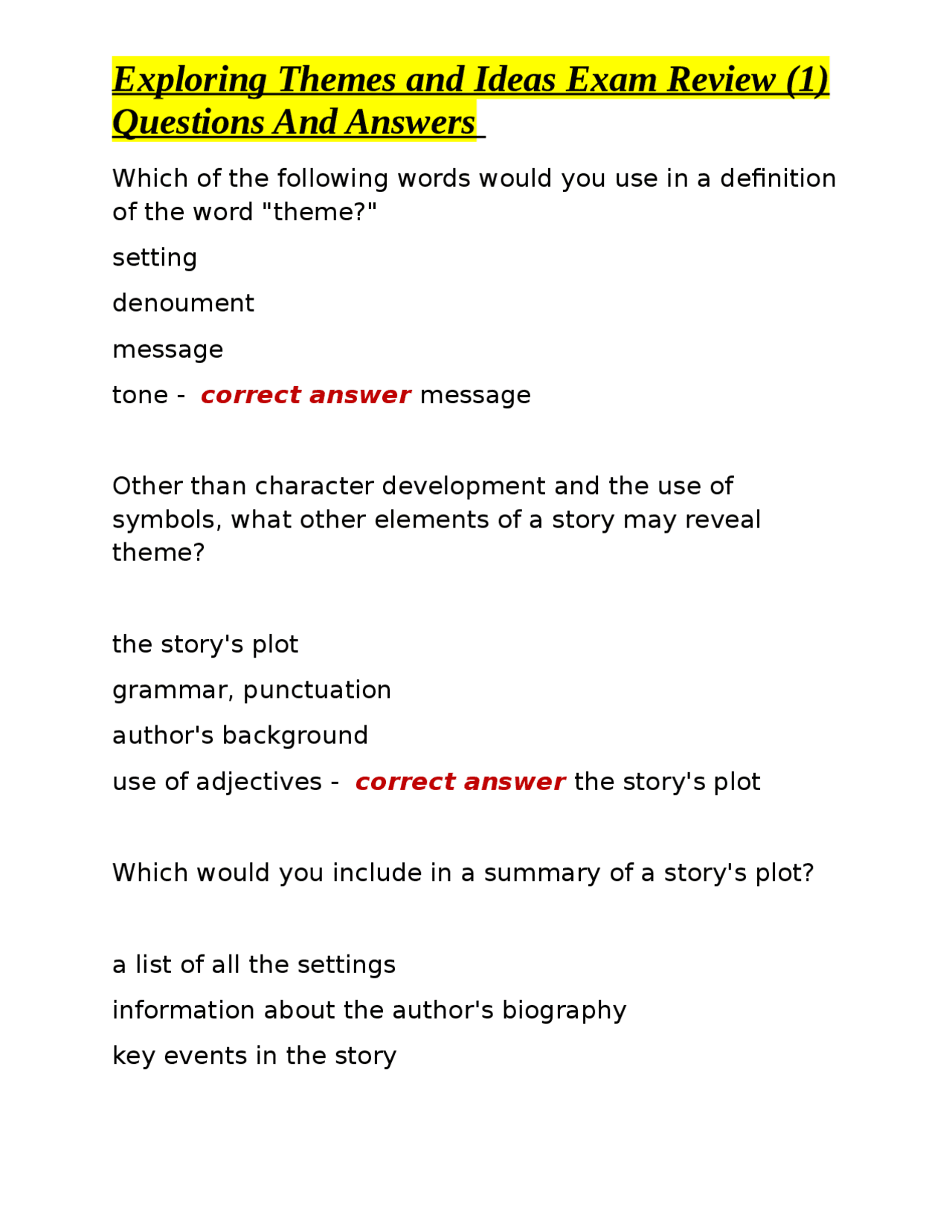 Exploring Themes and Ideas Exam Review (1) Questions And Answers ...