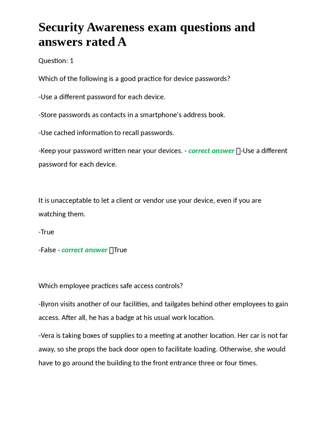 Security Awareness exam questions and answers rated A | Exams Nursing ...