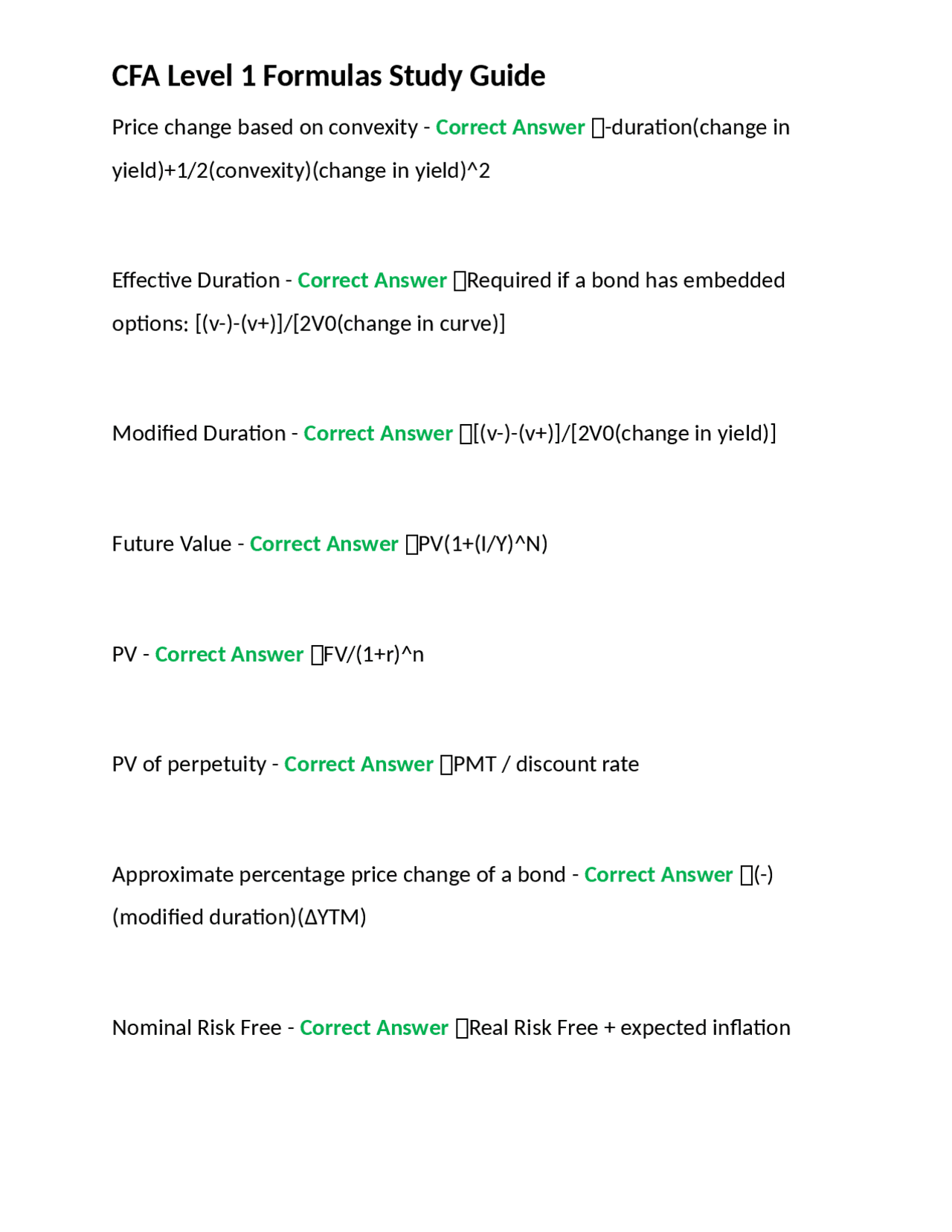 CFA Level 1 Formulas Study Guide | Exams Nursing | Docsity