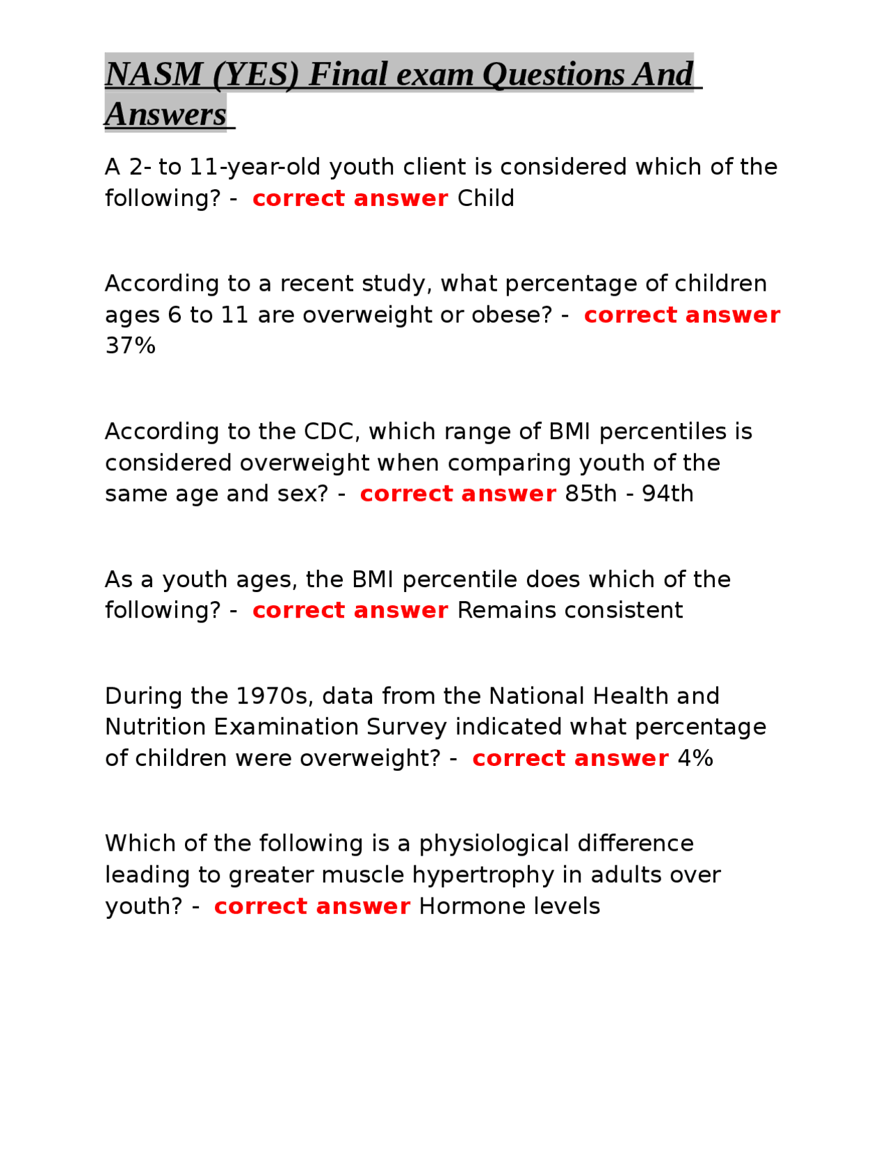 NASM (YES) Final exam Questions And Answers | Exams Nutrition | Docsity