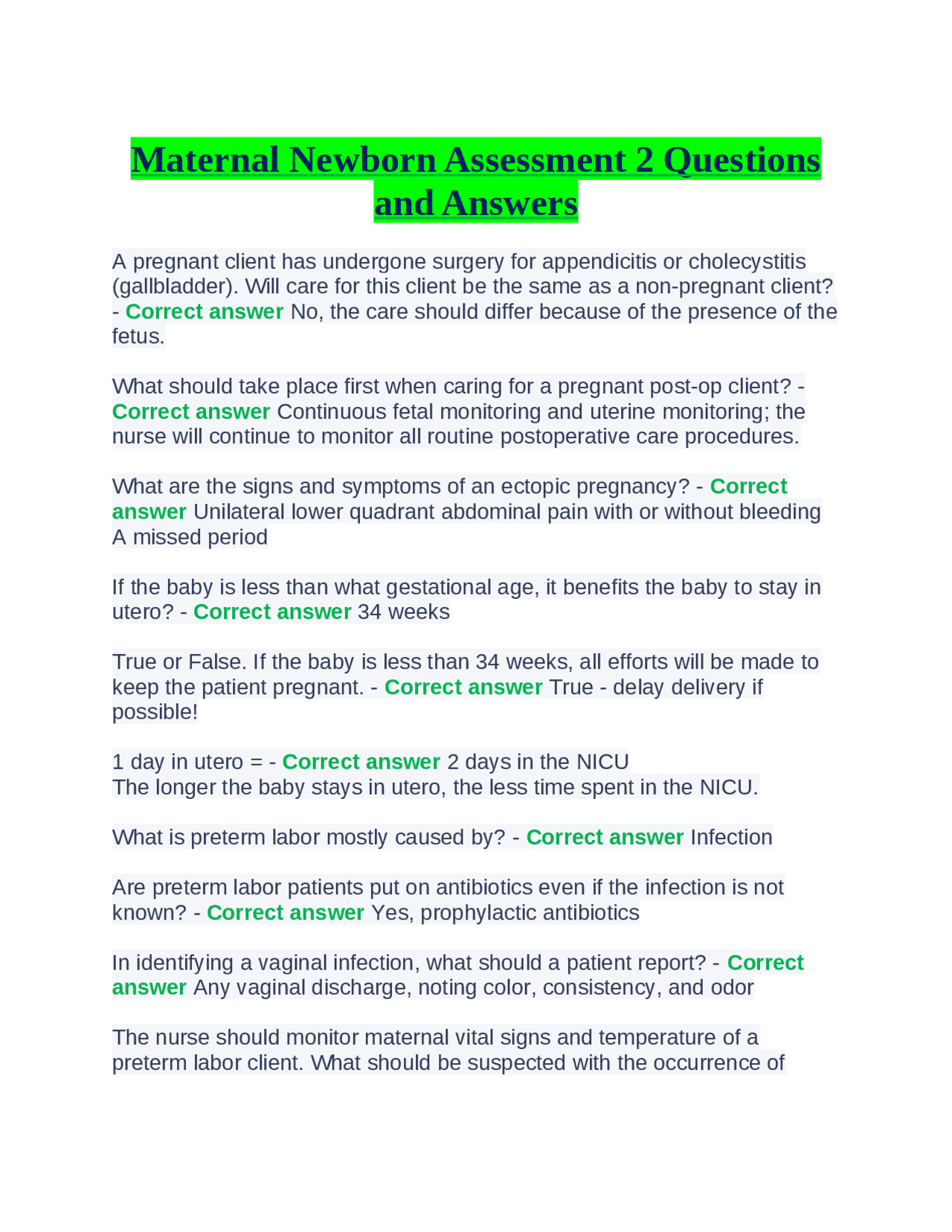 Maternal Newborn Assessment 2 Questions and Answers | Exams Nursing ...