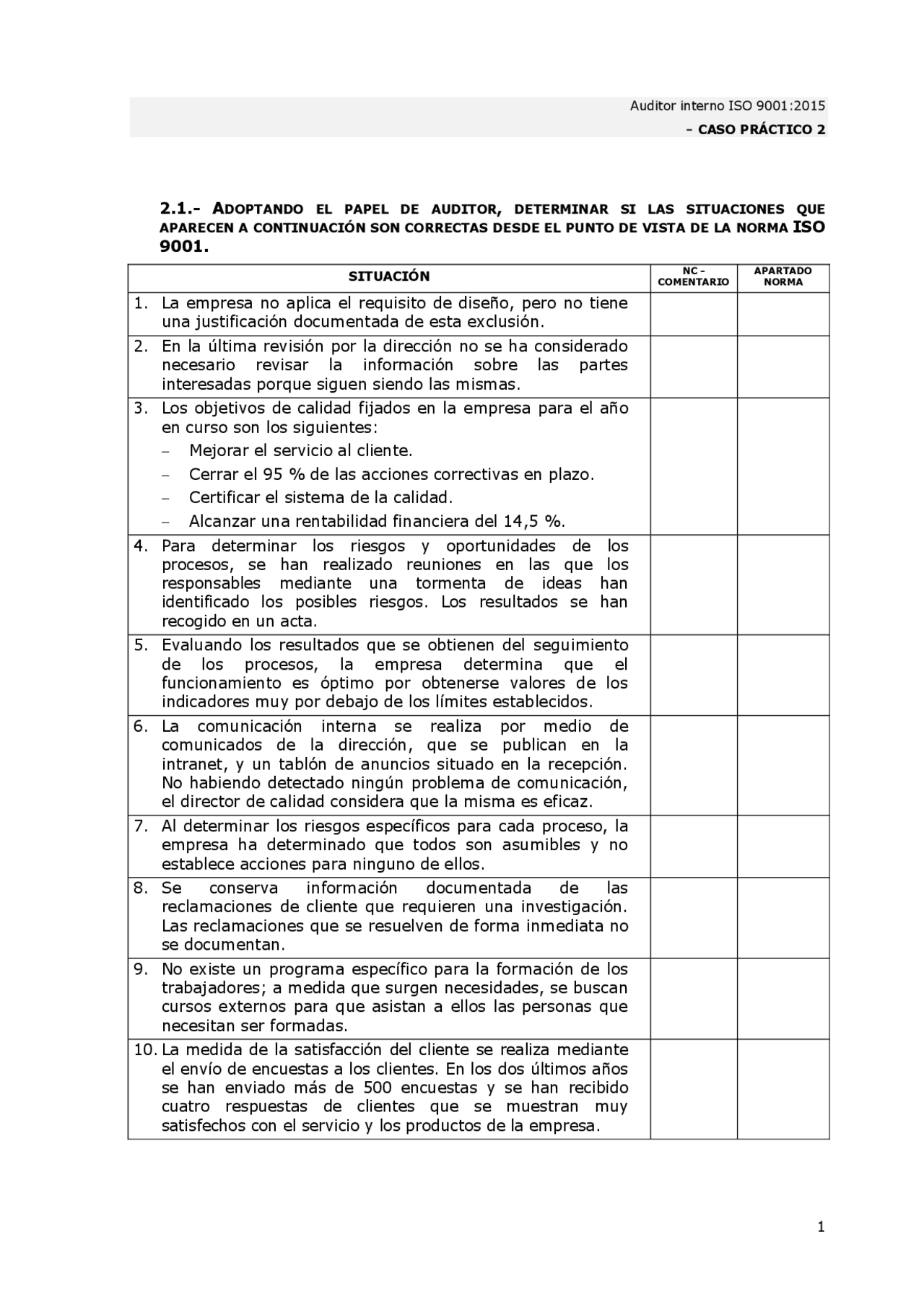 Auditoría Interna ISO 9001:2015 - Caso Práctico 2: Análisis de ...