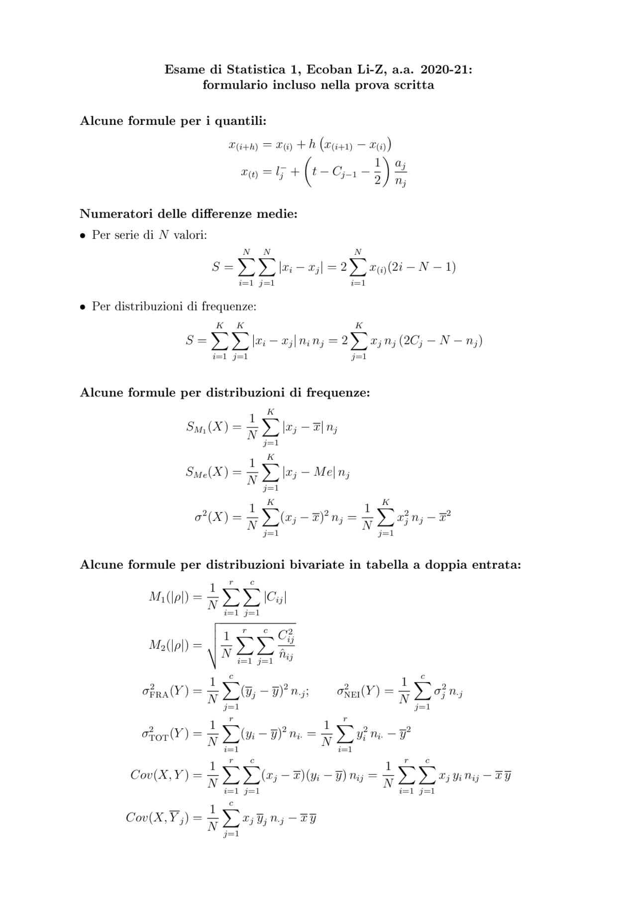 Formulario completo statistica | Schemi e mappe concettuali di ...