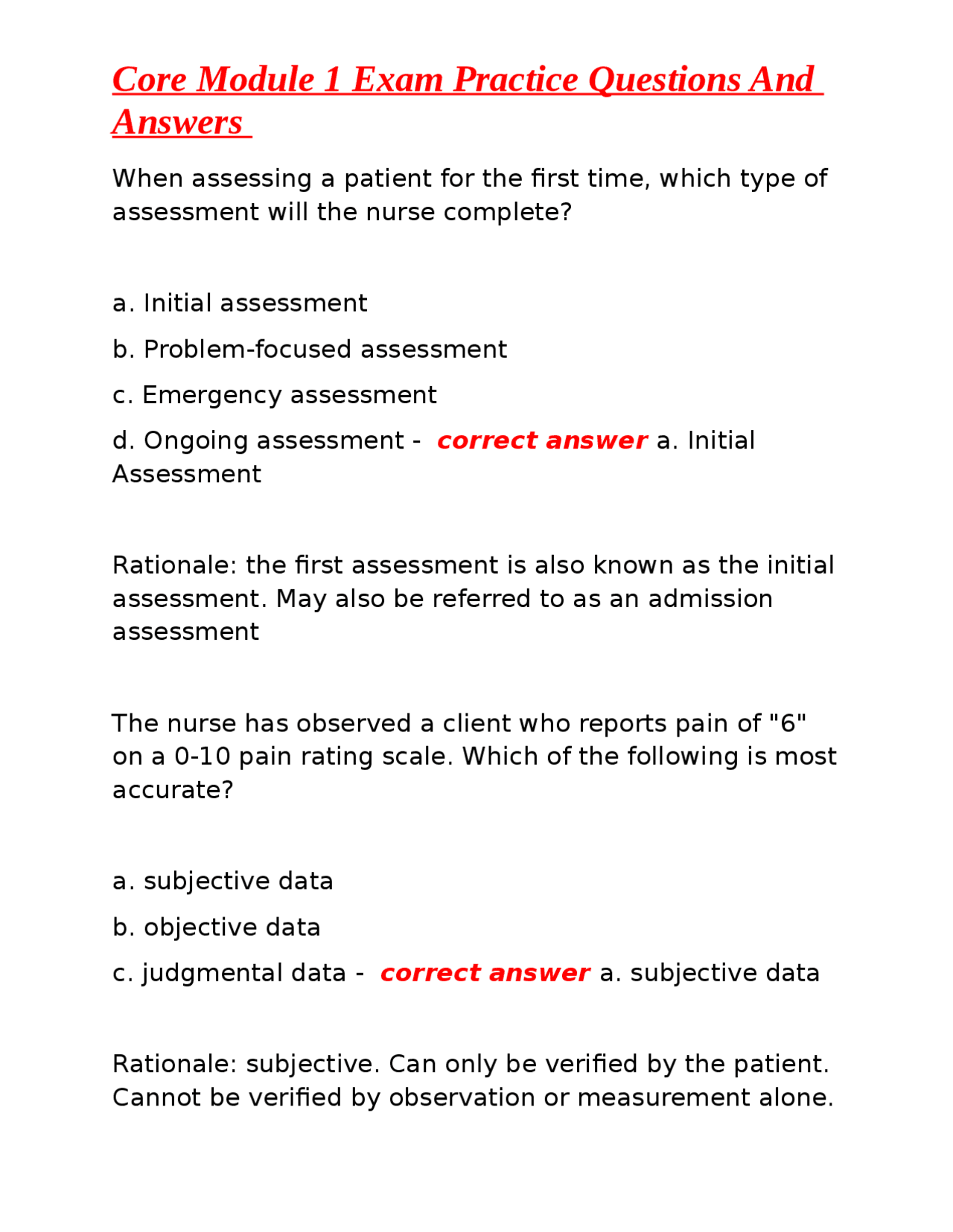 Core Module 1 Exam Practice Questions And Answers | Exams Nursing | Docsity