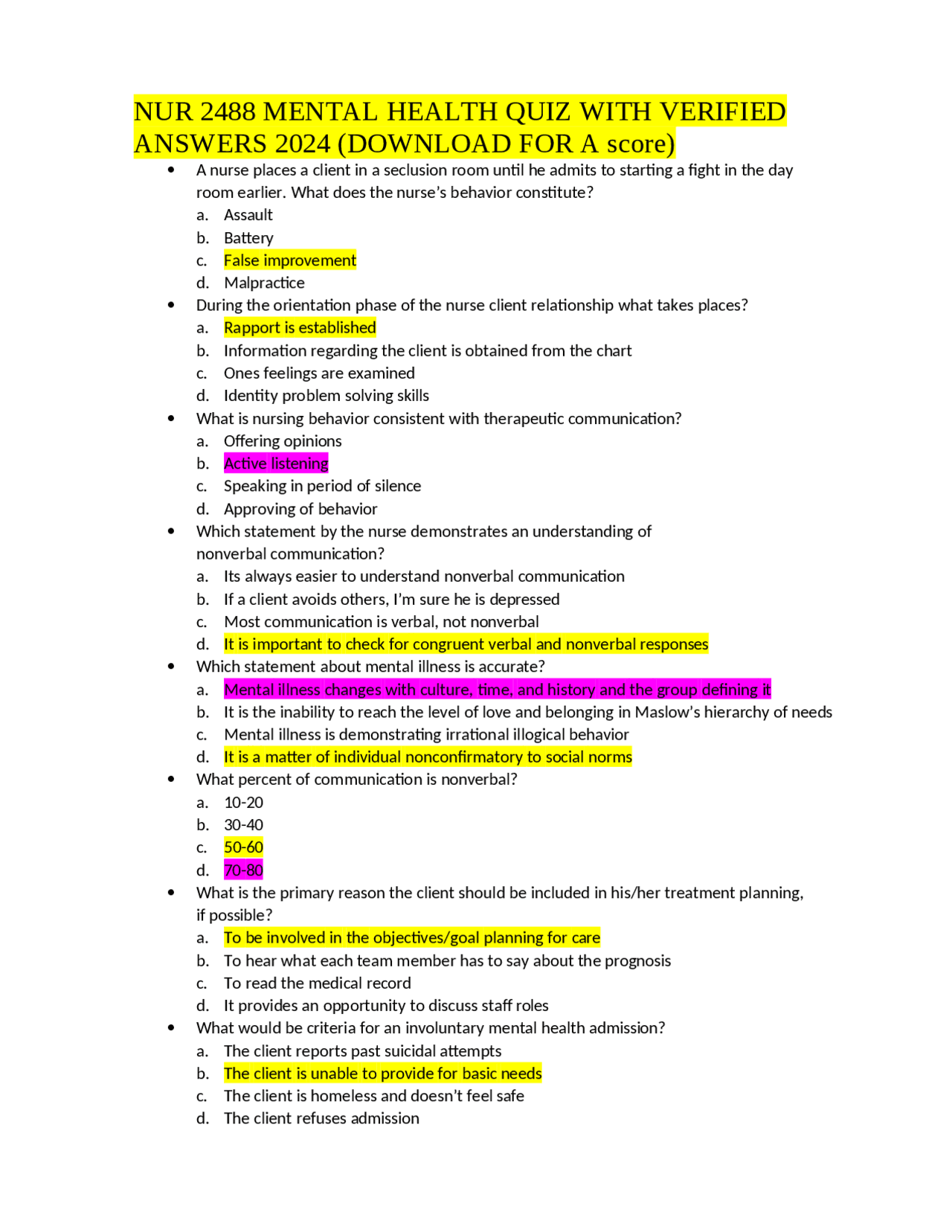 NUR 2488 MENTAL HEALTH QUIZ WITH VERIFIED ANSWERS 2024 (DOWNLOAD FOR A ...