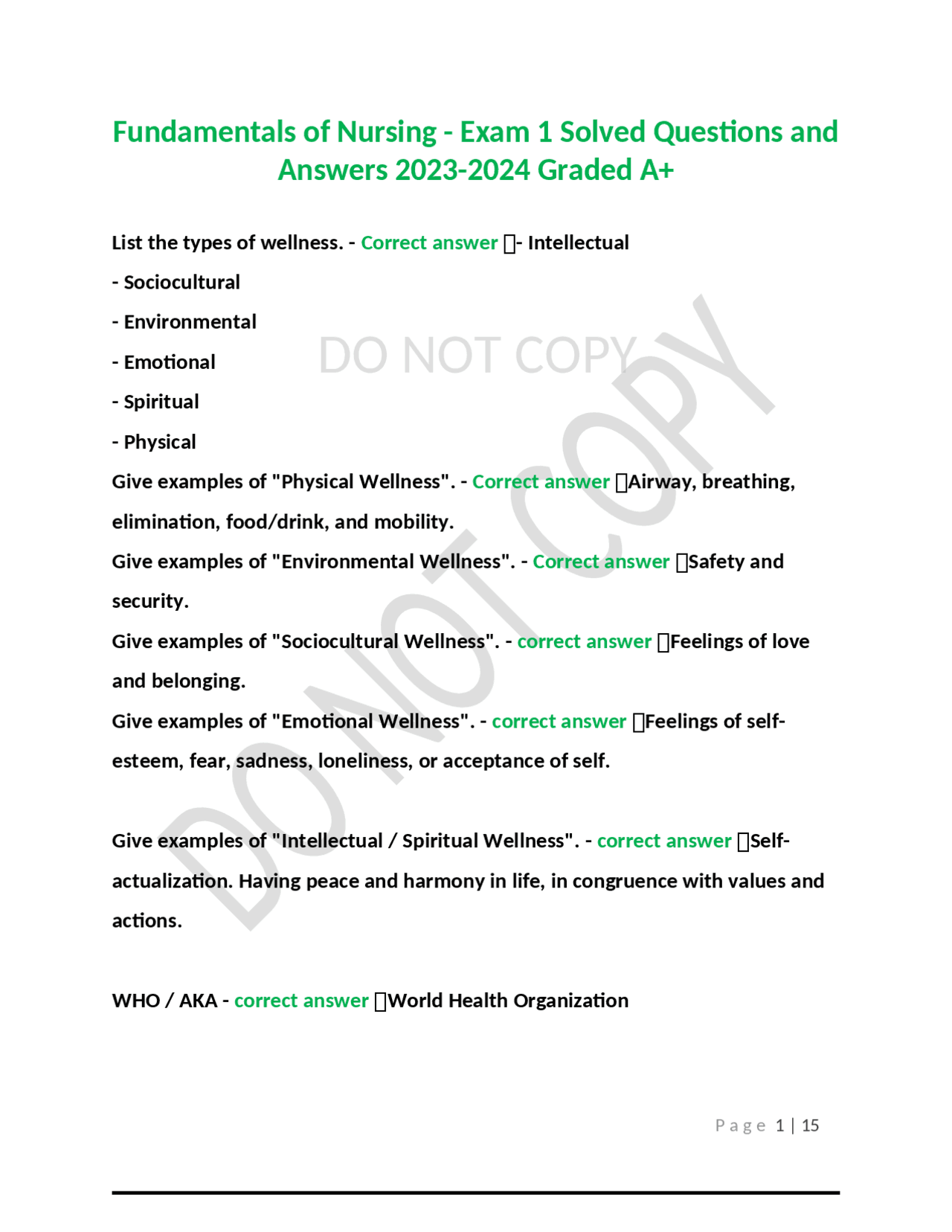 Fundamentals of Nursing - Exam 1 Solved Questions and Answers 2023-2024 Graded A+ | Exams ...