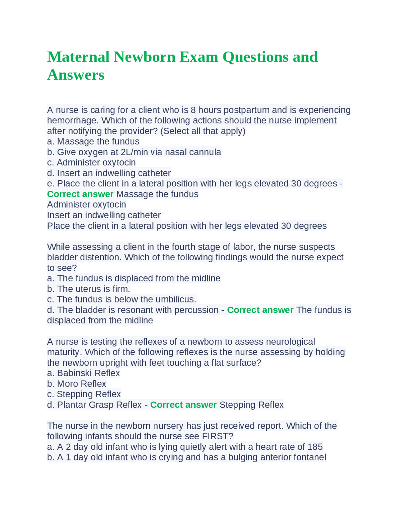Maternal Newborn Exam Questions and Answers | Exams Nursing | Docsity