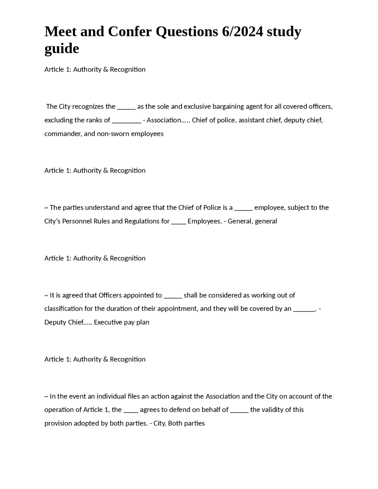 Meet and Confer Questions 6/2024 study guide | Exams Nursing | Docsity