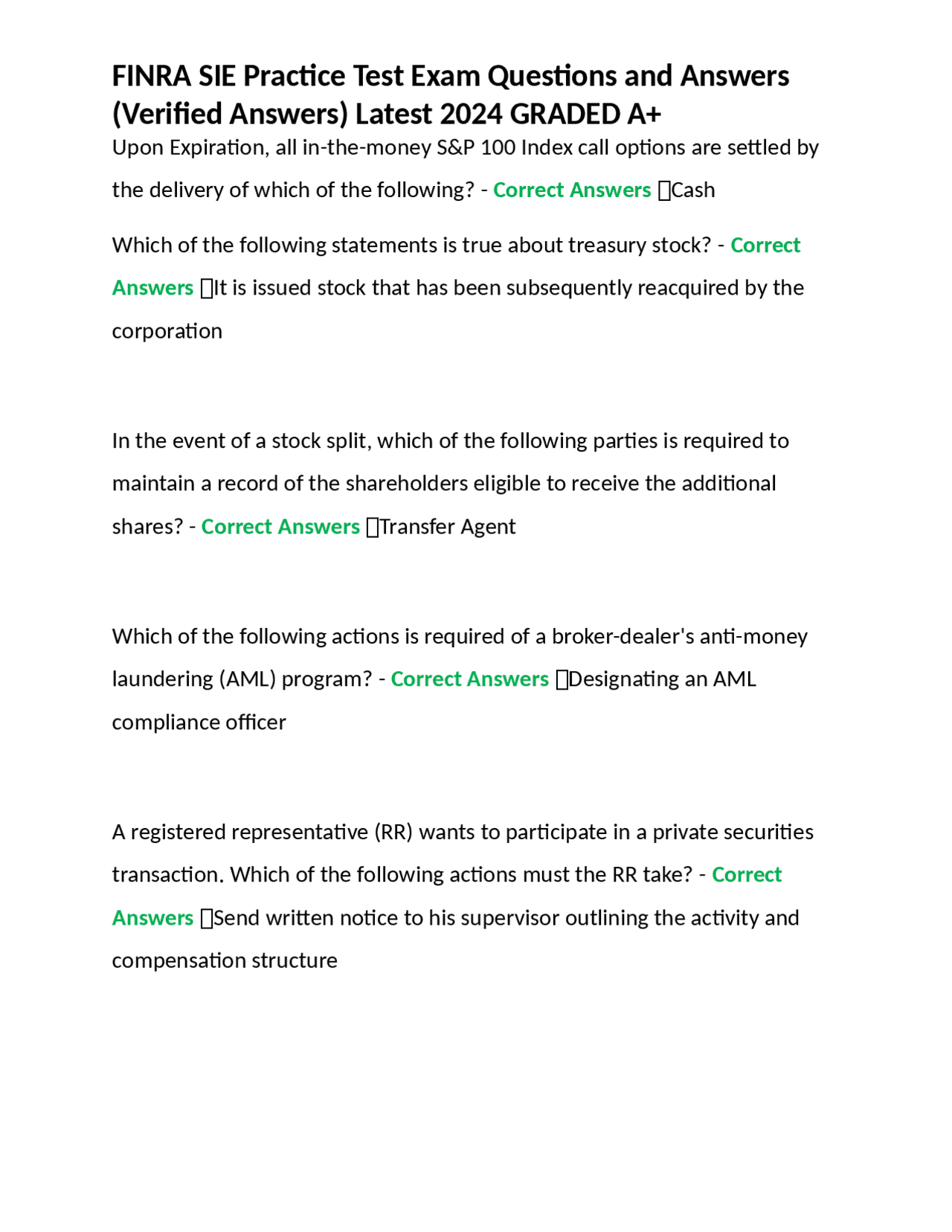 FINRA SIE Practice Test Exam Questions and Answers (Verified Answers ...