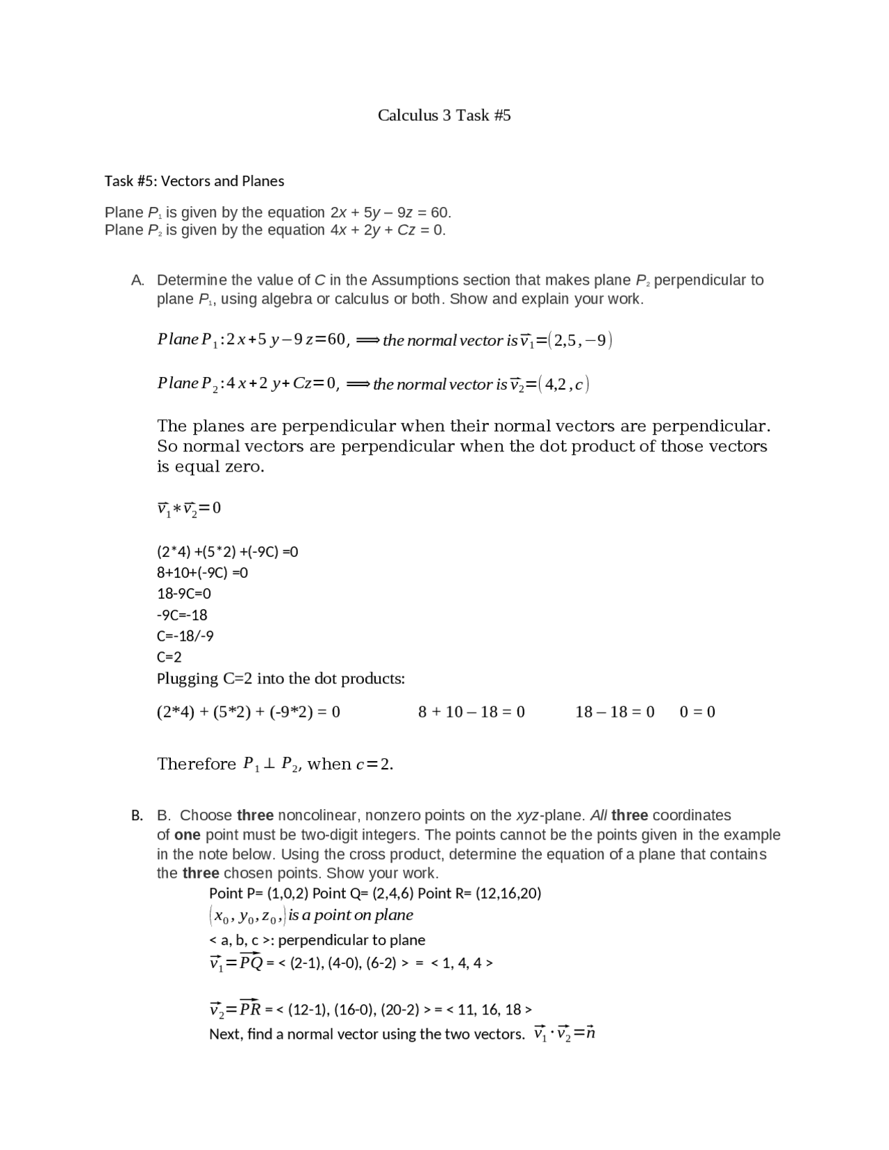 Calculus 3 Task #5: Vectors and Planes | Thesis Business Accounting | Docsity