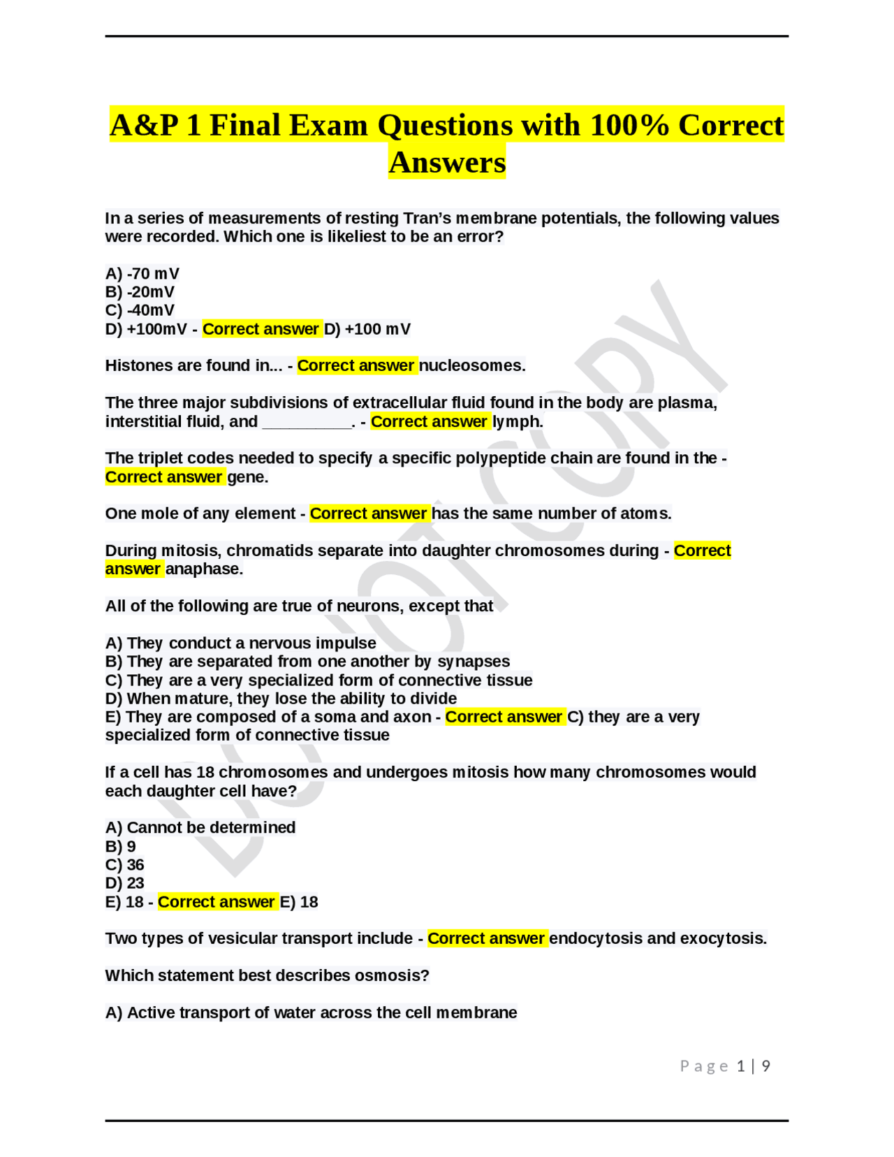 A&P 1 Final Exam Questions with 100% Correct Answers | Exams Animal ...