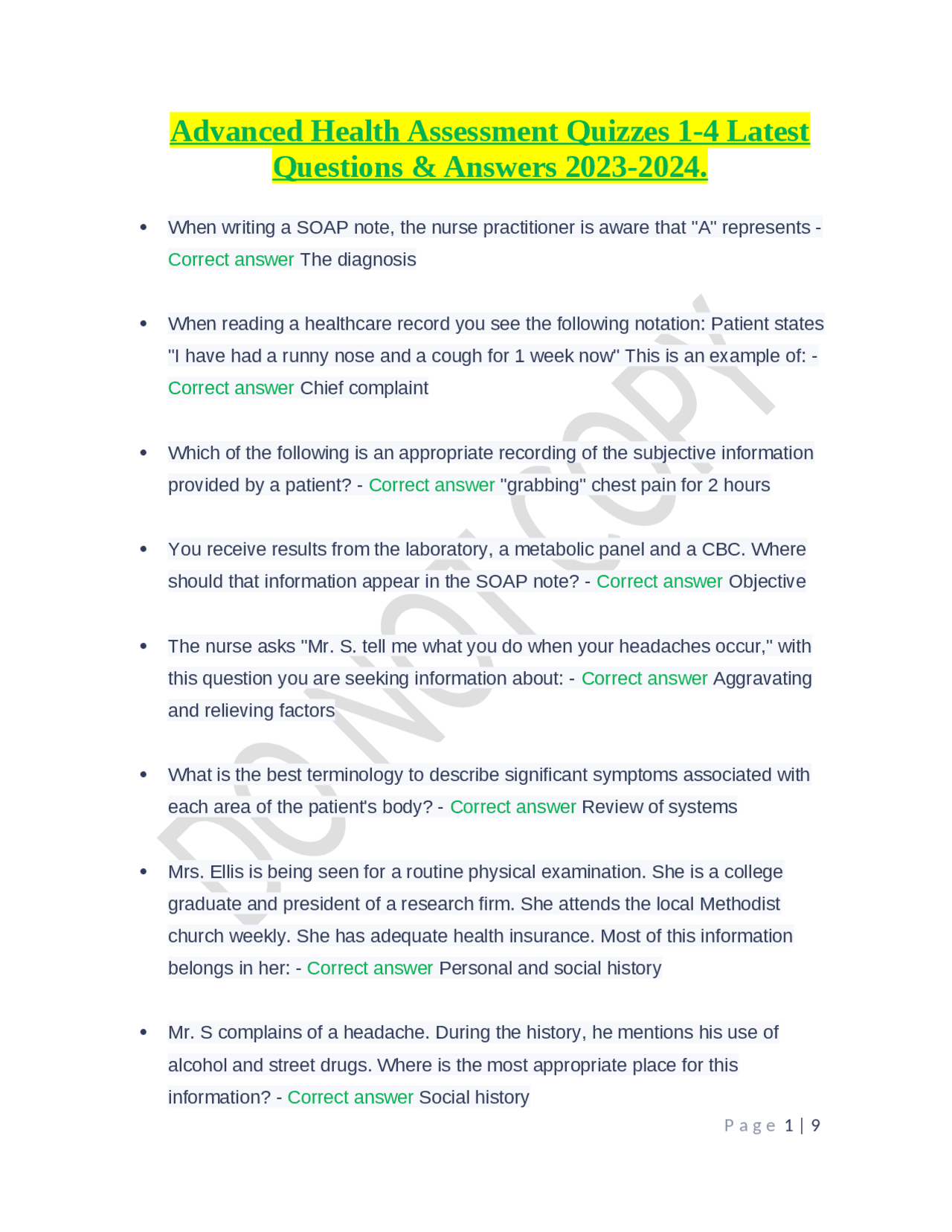 Advanced Health Assessment Quizzes 1-4 Latest Questions & Answers 2023 ...