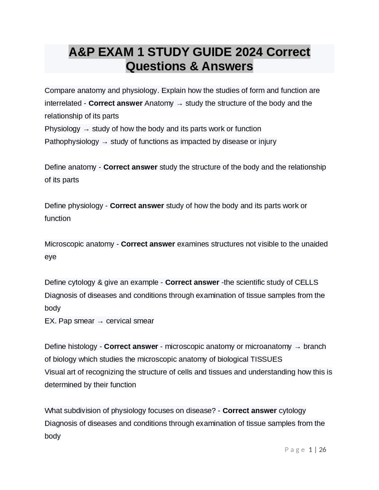 A&P EXAM 1 STUDY GUIDE 2024 Correct Questions & Answers | Exams Animal ...