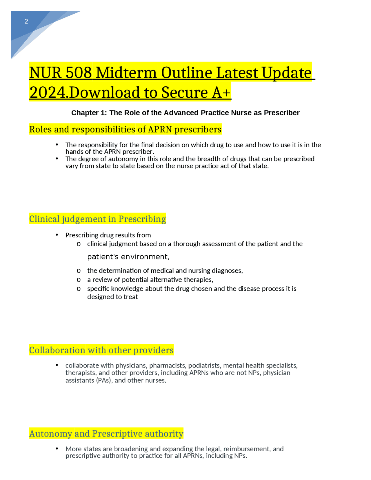 NUR 508 Midterm Outline Latest Update 2024.Download to Secure A+ ...