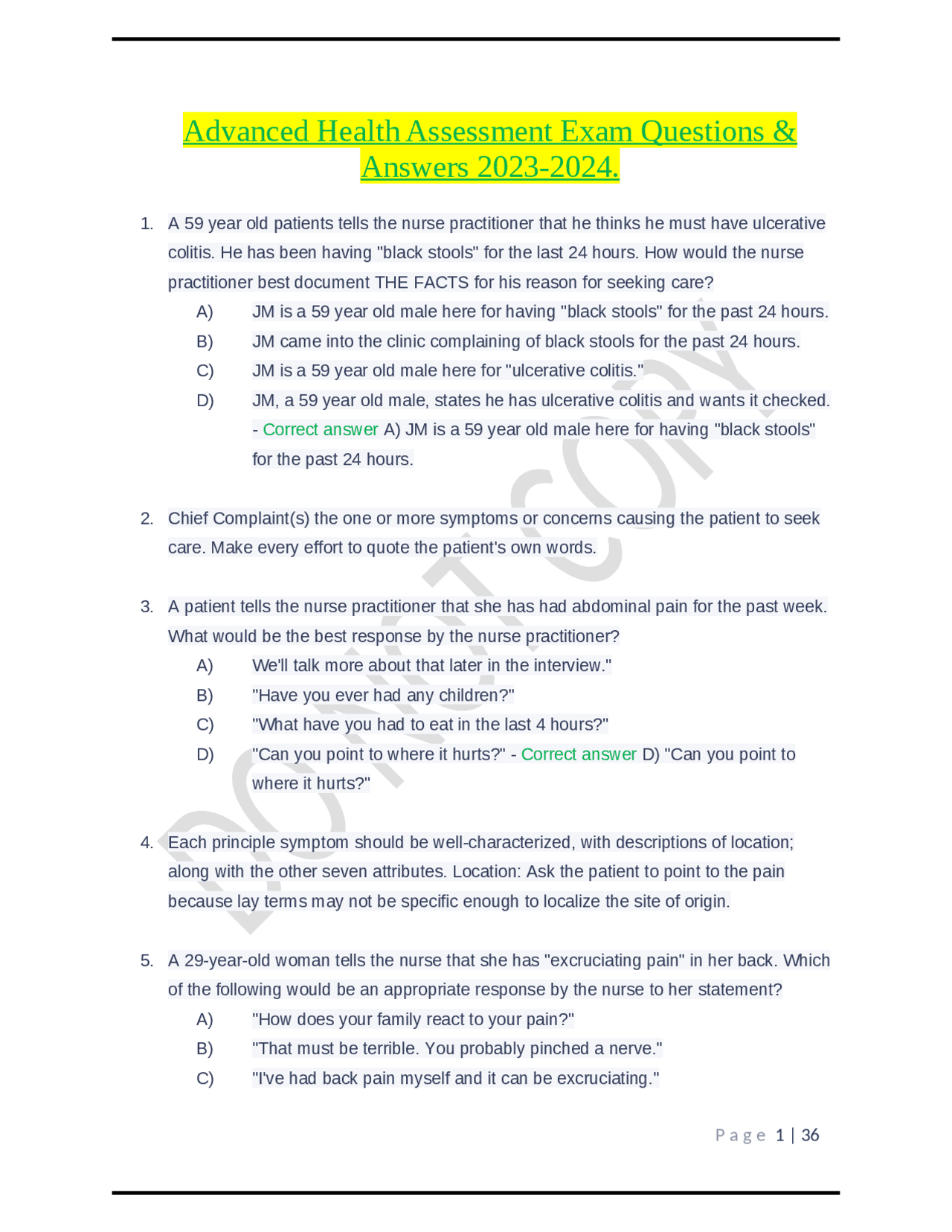 Advanced Health Assessment Exam Questions & Answers 2023-2024. | Exams ...