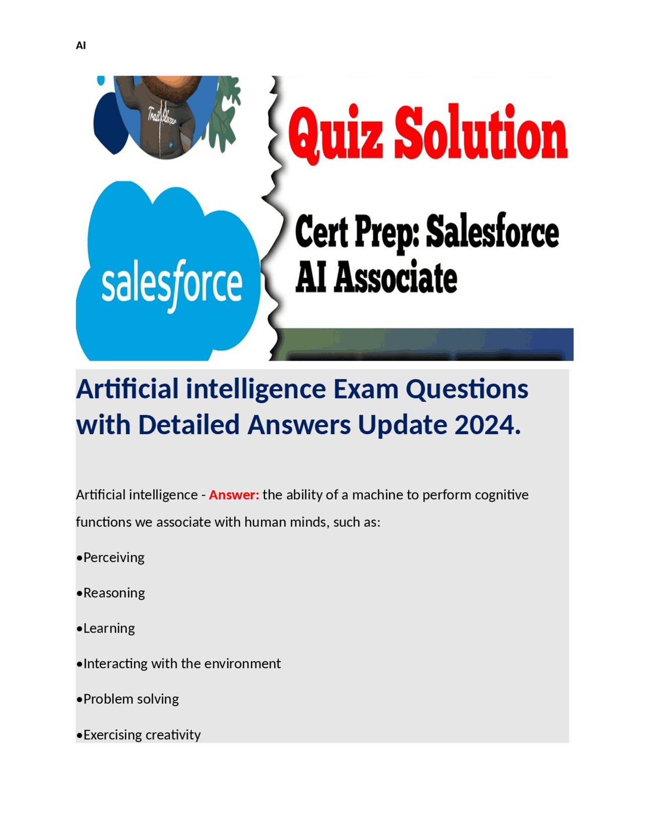 Artificial intelligence Exam Questions with Detailed Answers Update 2024. | Exams Nursing | Docsity