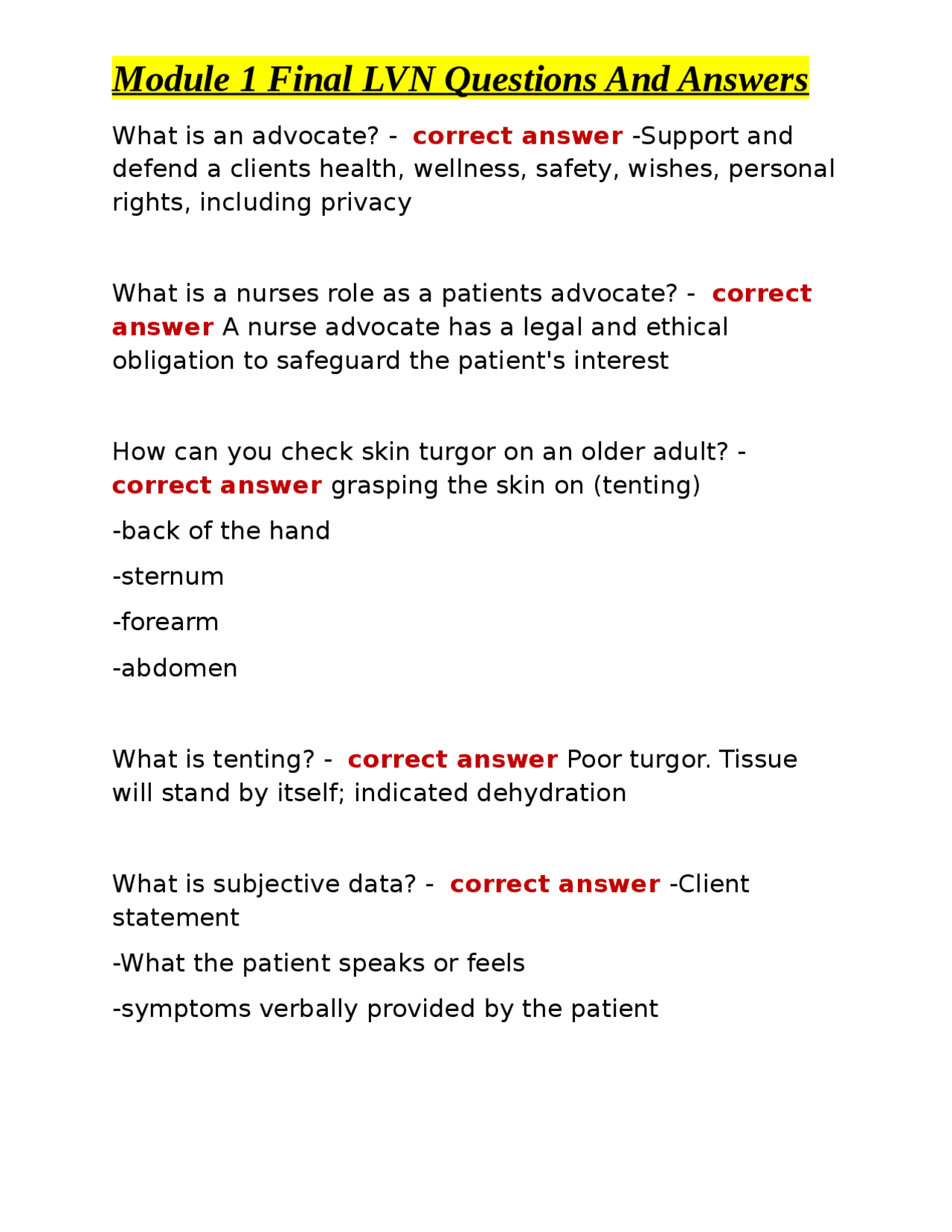 Module 1 Final LVN Questions And Answers | Exams Nursing | Docsity