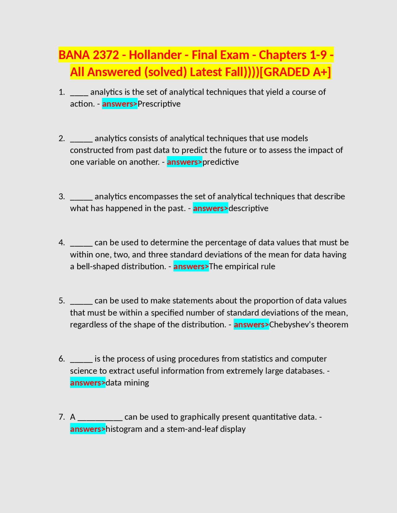 BANA 2372 - Hollander - Final Exam - Chapters 1-9 - All Answered ...