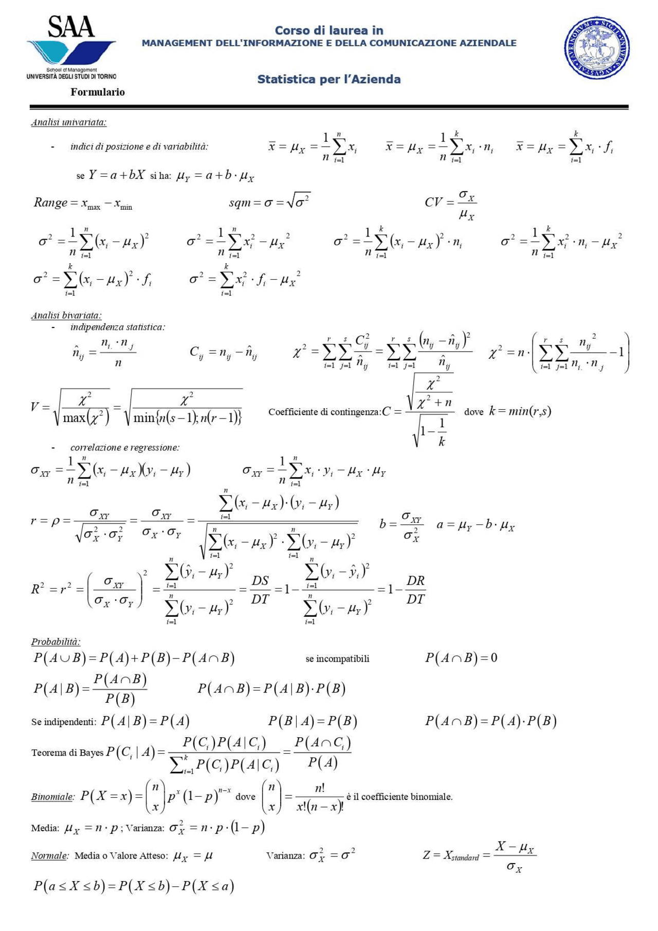 Formulario Statistica per esame | Schemi e mappe concettuali di ...