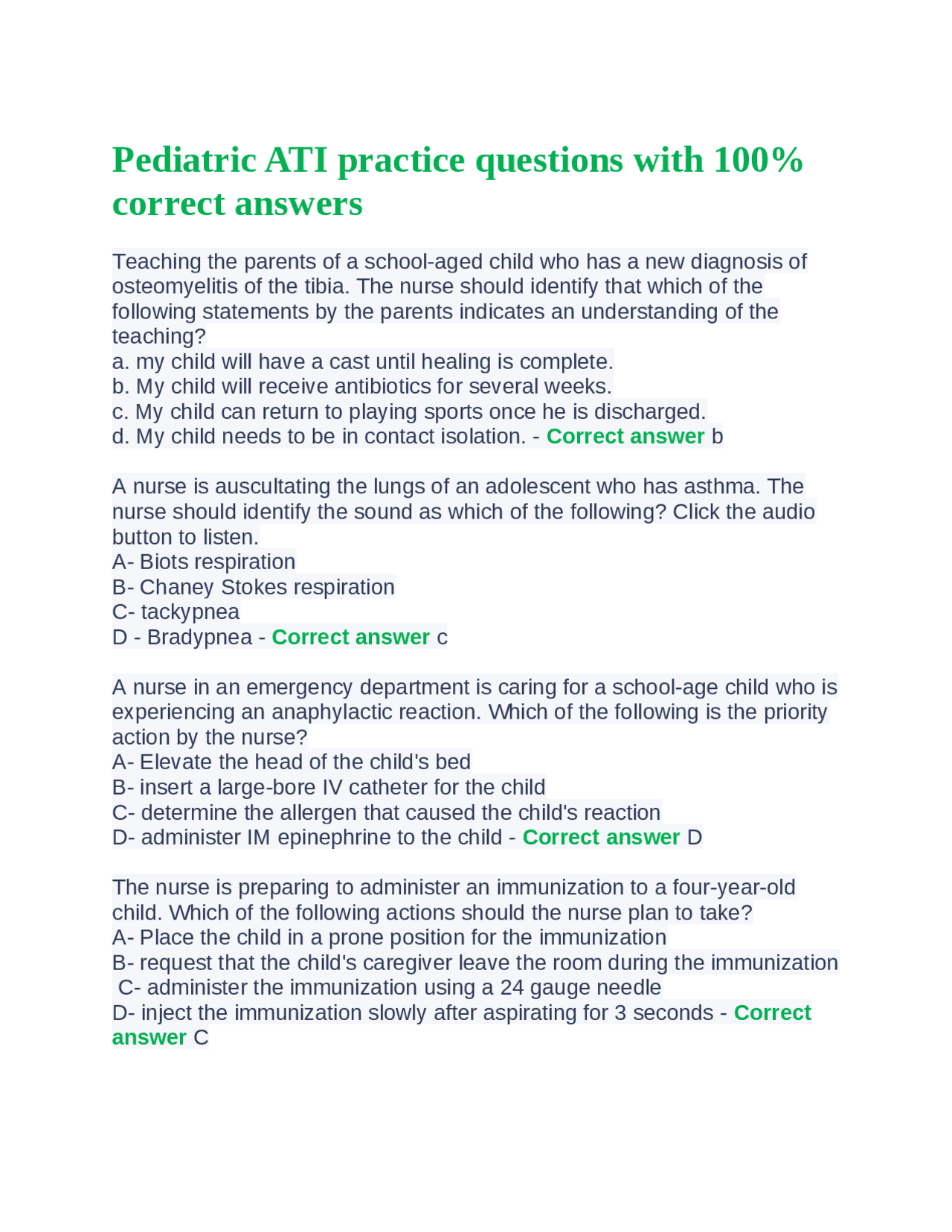 Pediatric ATI practice questions with 100% correct answers | Exams ...