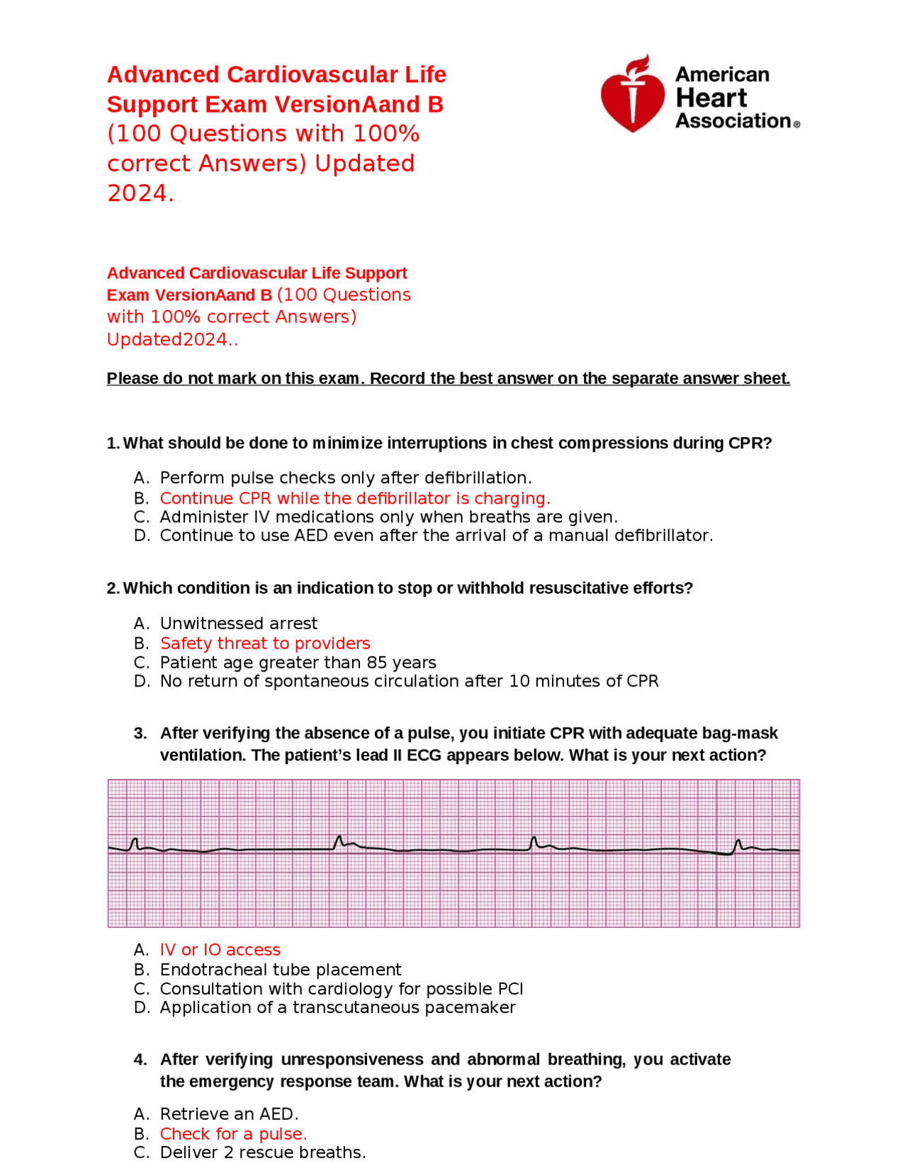 ACLS Exam Version A and B 2023-2024 (100questions with 100% correct ...