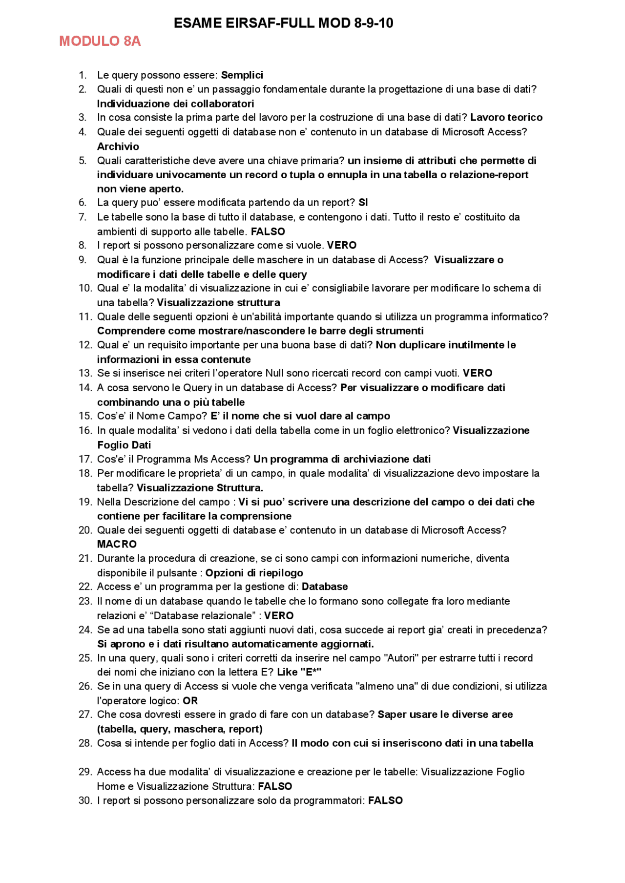 PANIERE EIRSAF-FULL MODULO 8 (UNISCIENTIA-AGGIORNATO 2024) | Panieri di Informatica | Docsity