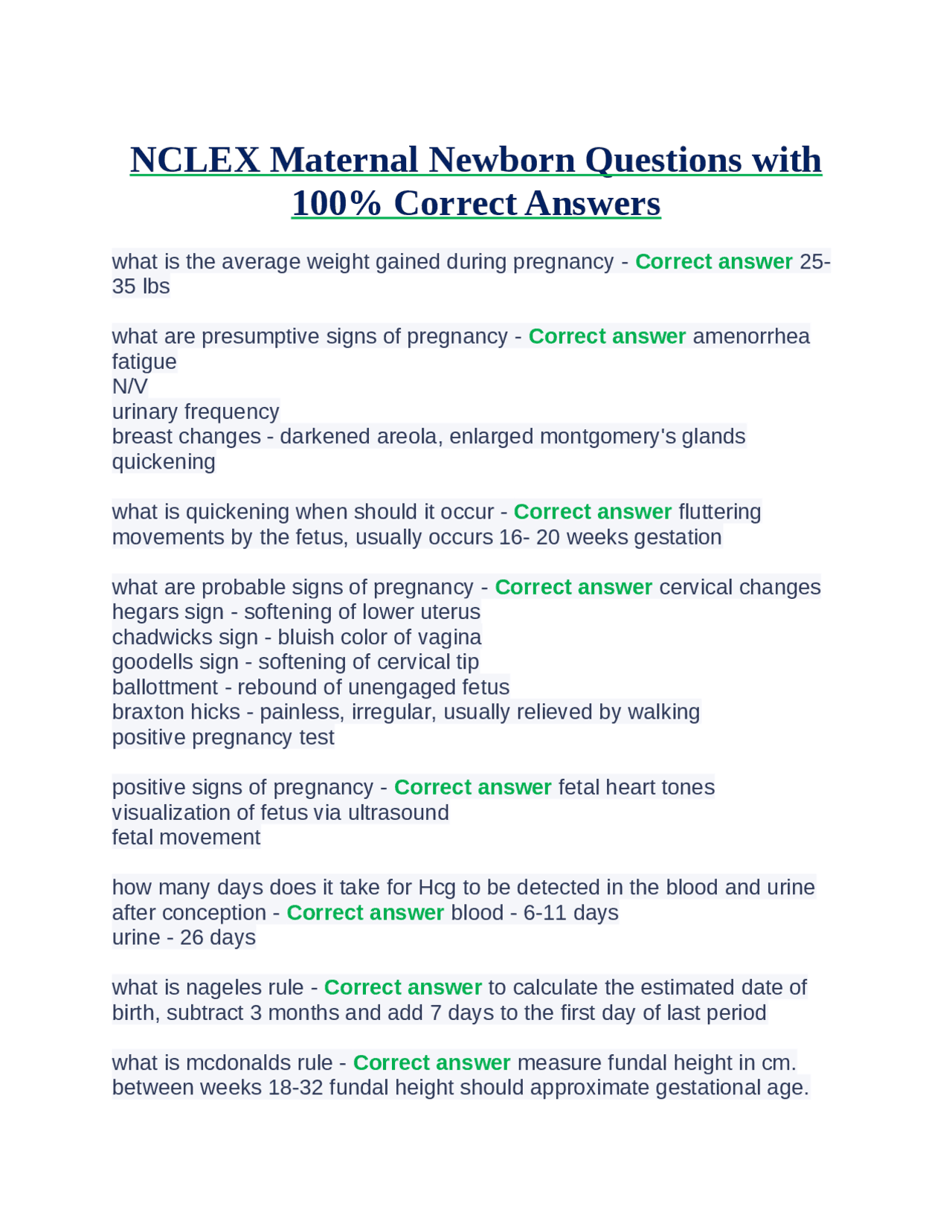 NCLEX Maternal Newborn Questions with 100% Correct Answers | Exams ...