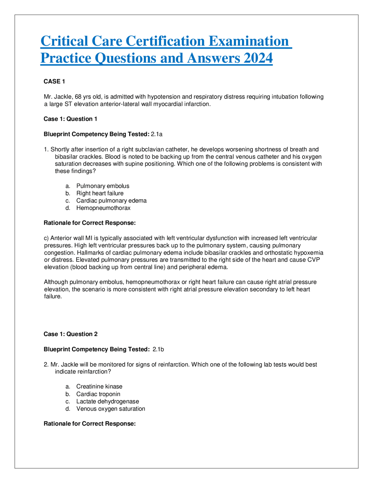 Critical Care Certification Examination Practice Questions and Answers ...