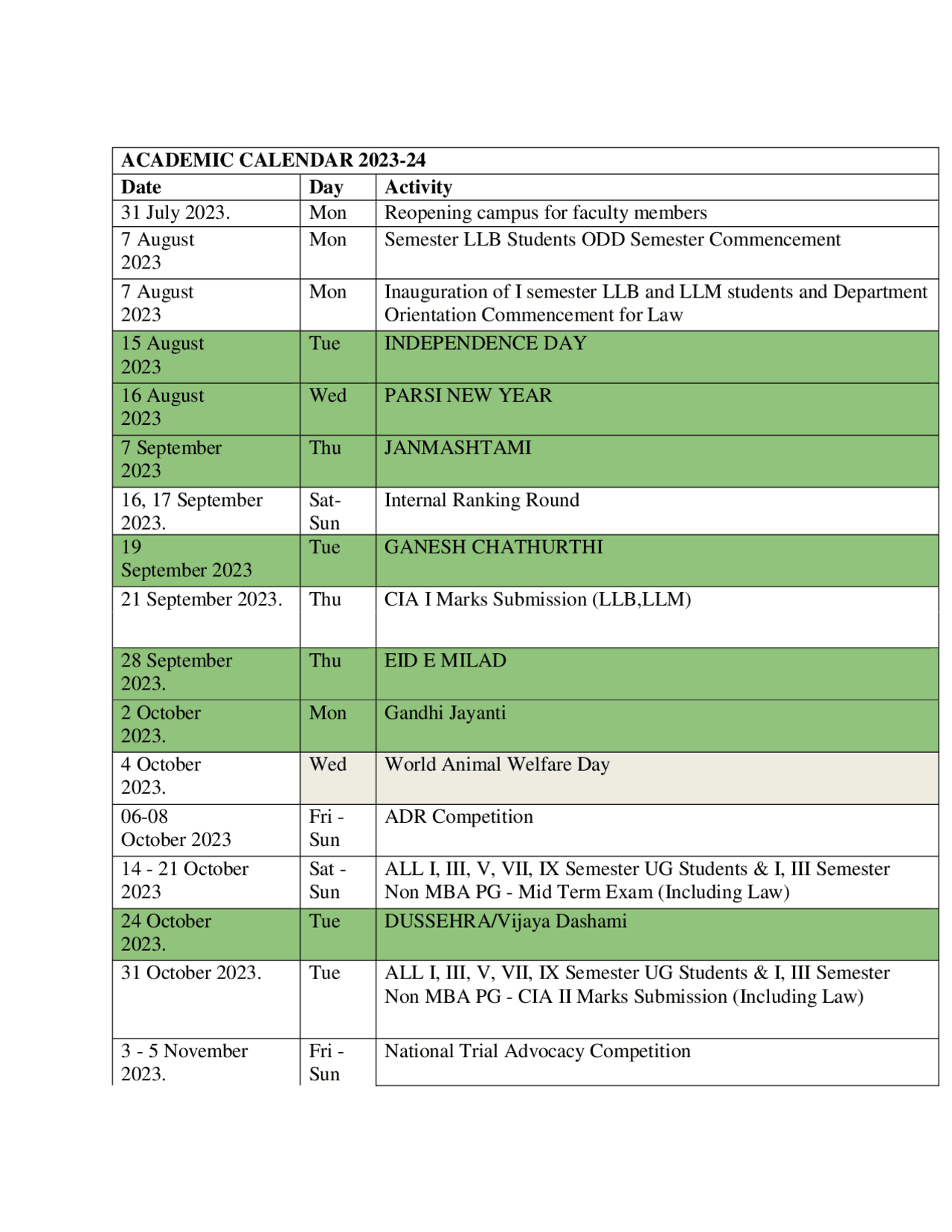 Academic Calendar for law students | Assignments Law | Docsity