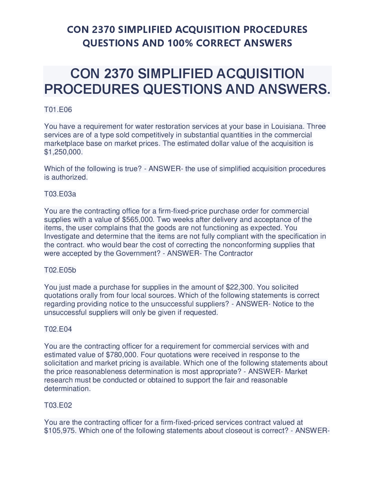 CON 2370 SIMPLIFIED ACQUISITION PROCEDURES QUESTIONS AND 100% CORRECT ...