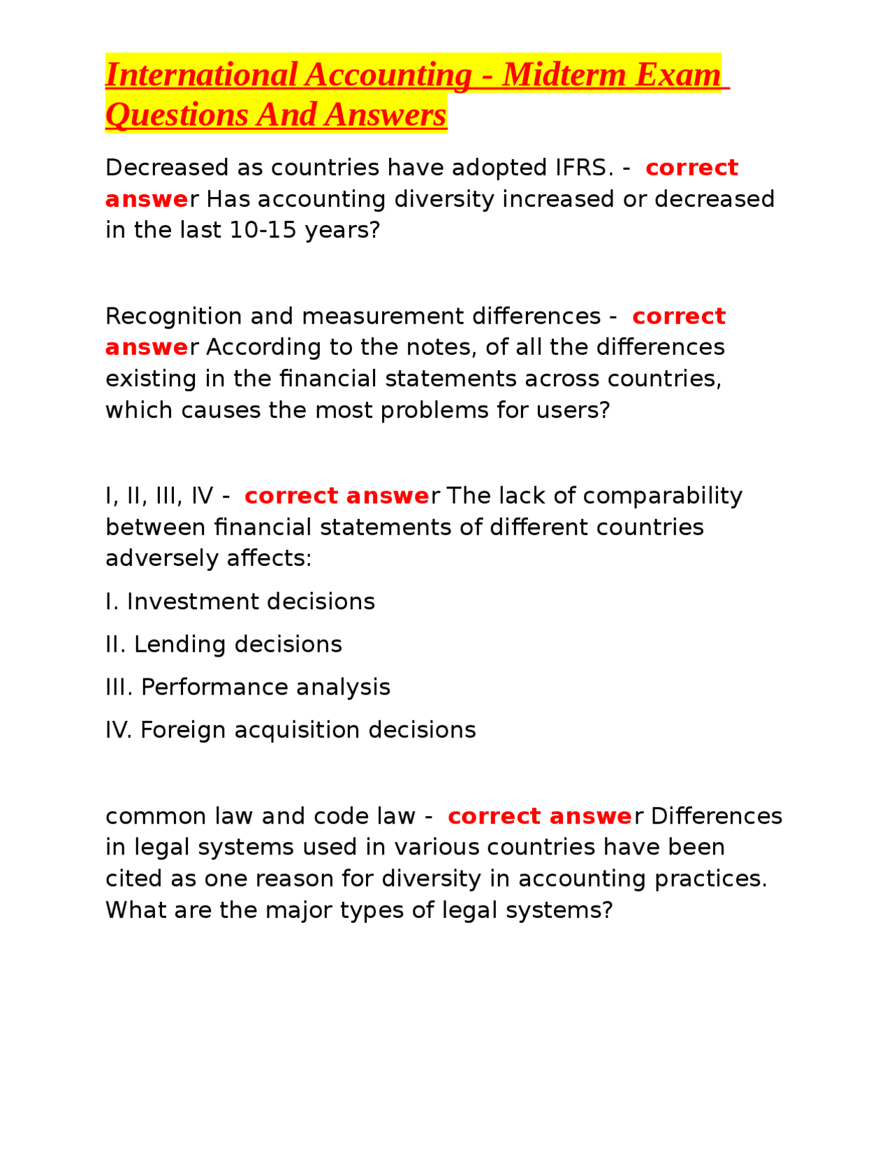 International Accounting - Midterm Exam Questions And Answers | Exams ...