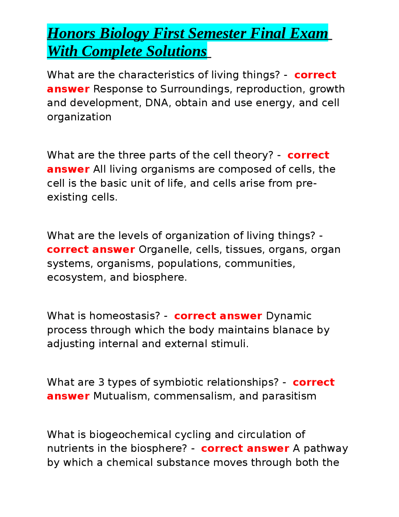 Honors Biology First Semester Final Exam With Complete Solutions ...