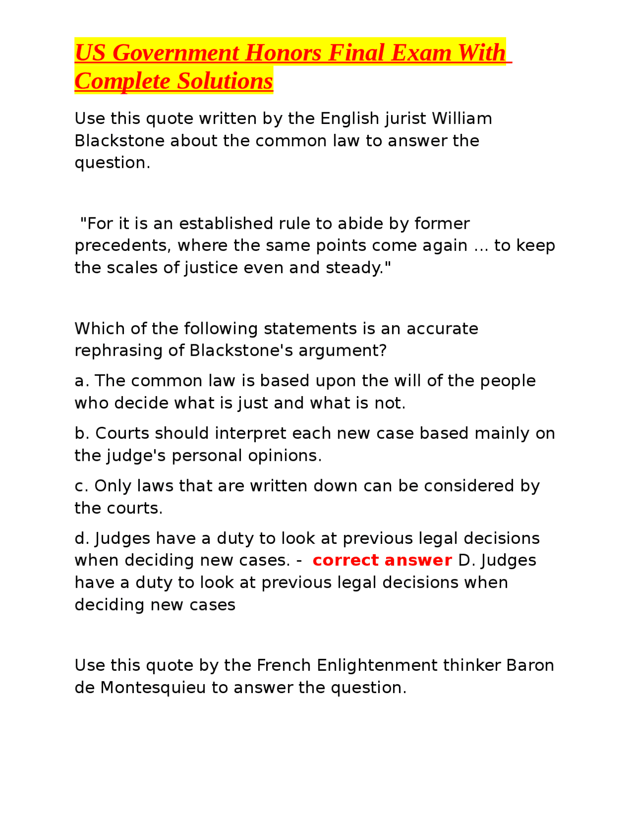 US Government Honors Final Exam With Complete Solutions | Exams Local ...