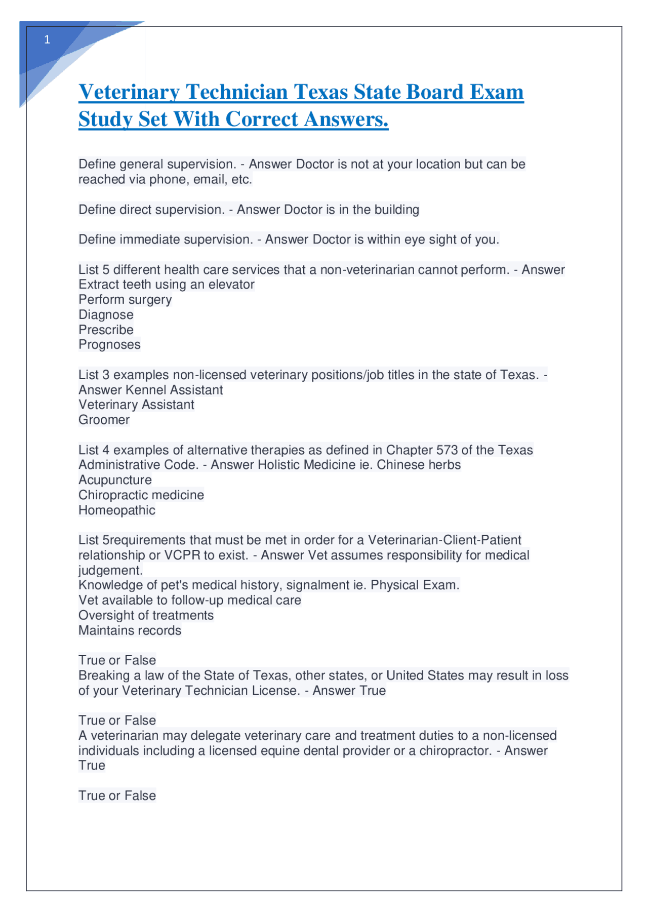 Veterinary Technician Texas State Board Exam Study Set With Correct ...