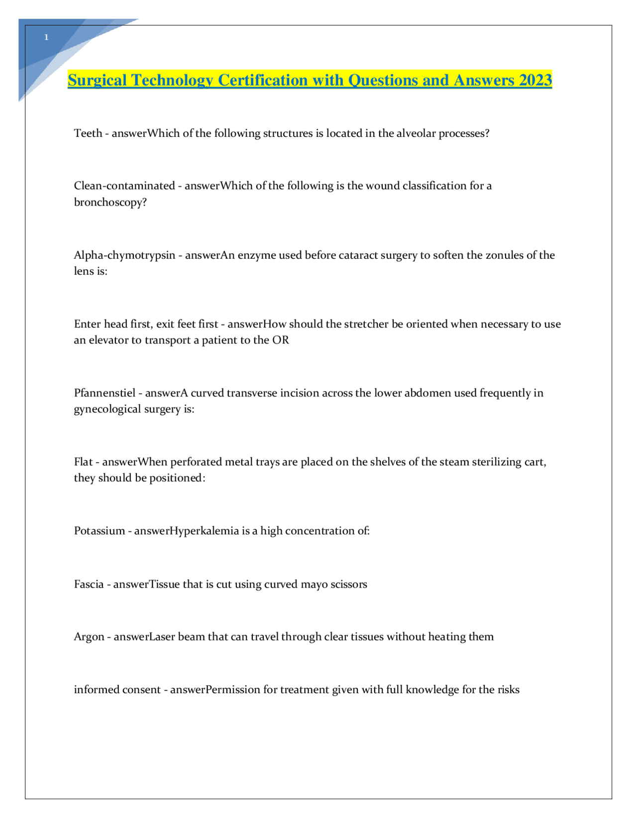 Surgical Technology Certification with Questions and Answers 2023 ...