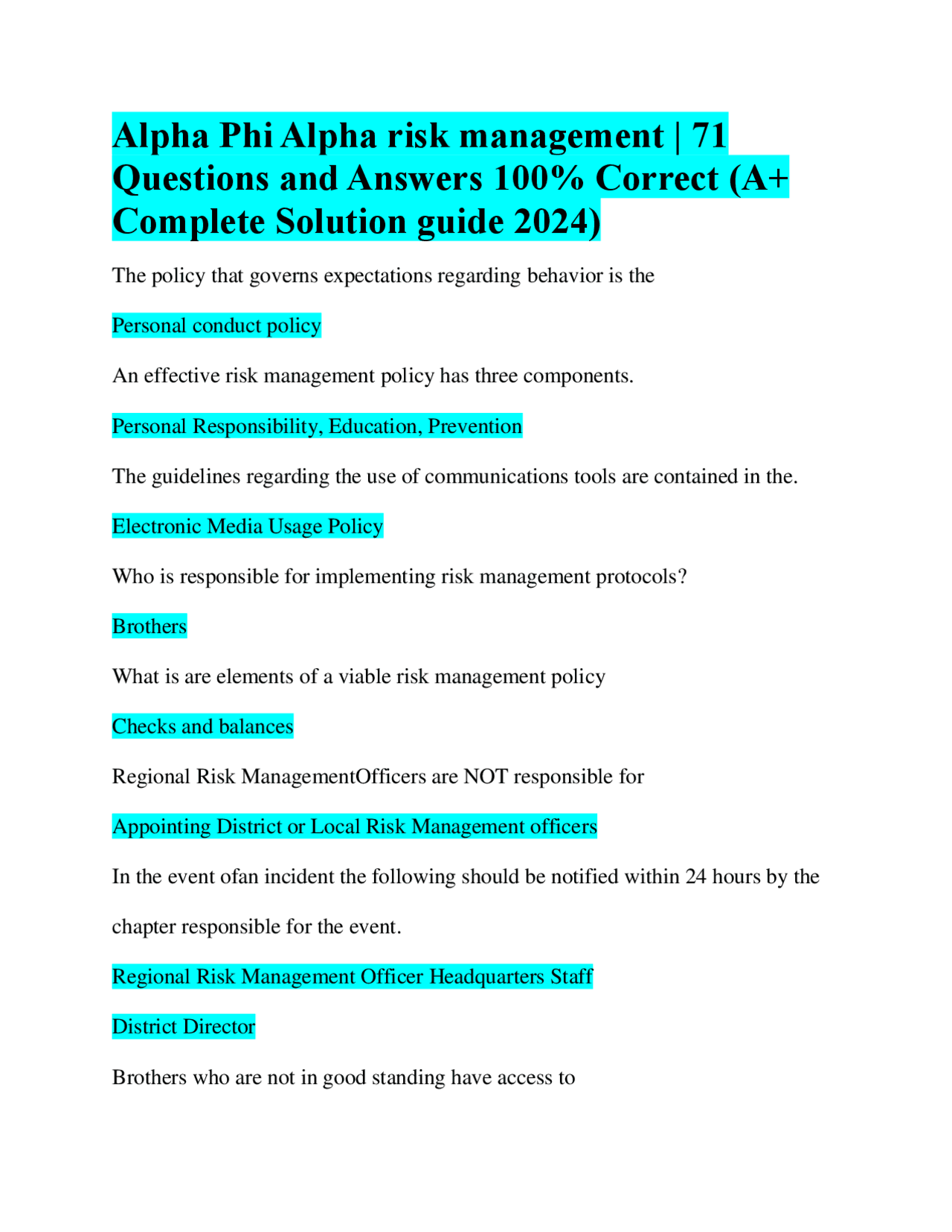Alpha Phi Alpha Risk Management: Questions and Answers | Exams ...