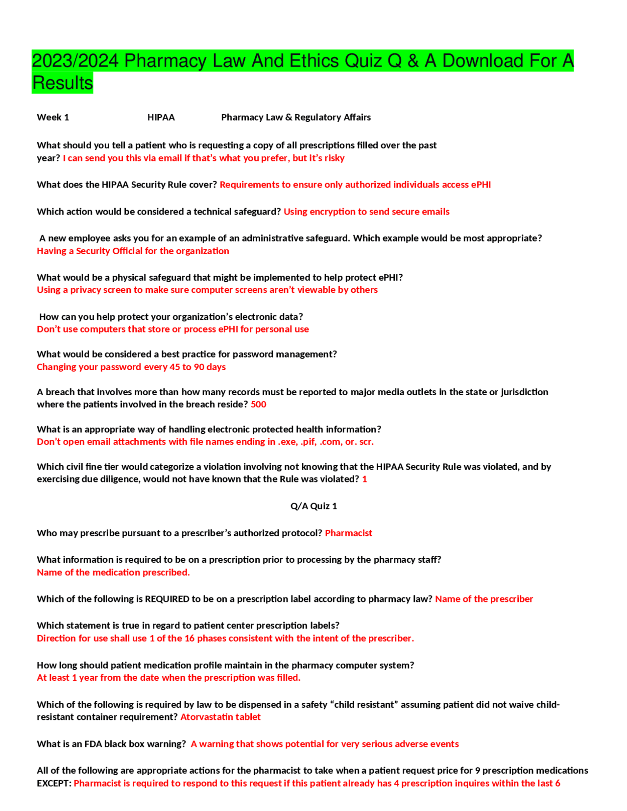 2023/2024 Pharmacy Law And Ethics Quiz Q & A Download For A Results ...